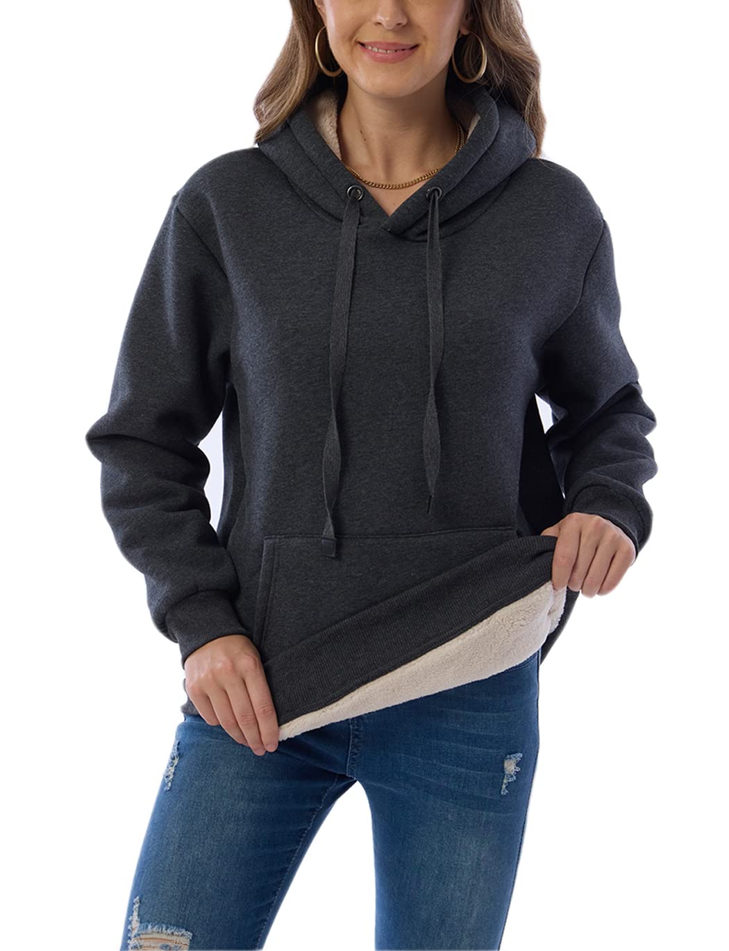 Haellun Womens Casual Winter Warm Fleece Sherpa Lined Pullover Hooded Sweatshirt (Dark grey, Large)