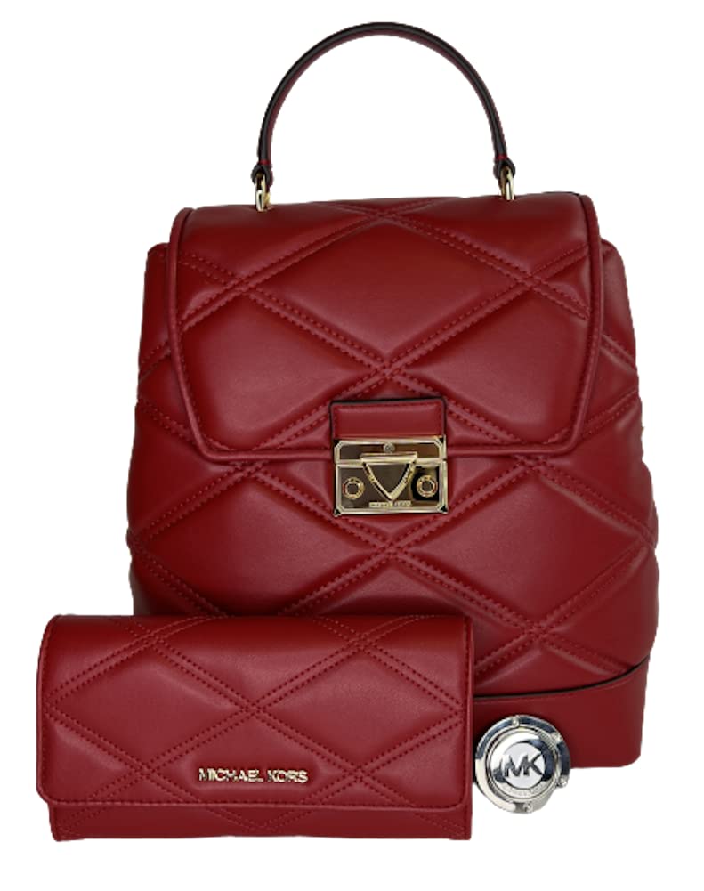 Michael Kors Serena MD Flap Backpack bundled with Trifold Wallet and Purse Hook (Chili)