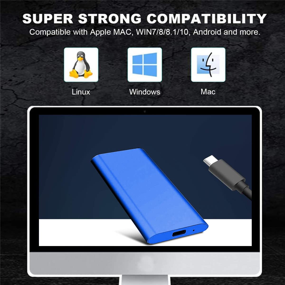 POENOWNE External Solid State Drive 2000GB high Speed USB 3.1 Type-C Protable External SSD Protable Hard Drive External SSD Compatible with PC, Laptop, Desktop and Mac (Blue)