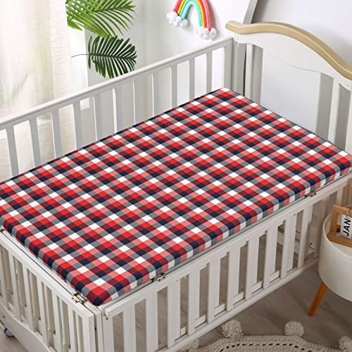 Plaid Themed Fitted Mini Crib Sheets,Portable Mini Crib Sheets Ultra Soft Material-Baby Sheet for Boys Girls,24β x38β,Vermilion Dark Blue White