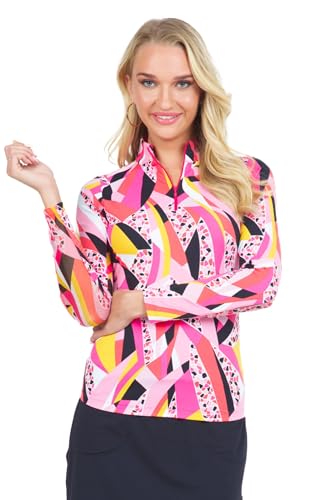 IBKUL Athleisure Wear UPF 50+ Brianna Print Long Sleeve Mock Neck Top – 10080 Blue Brianna M