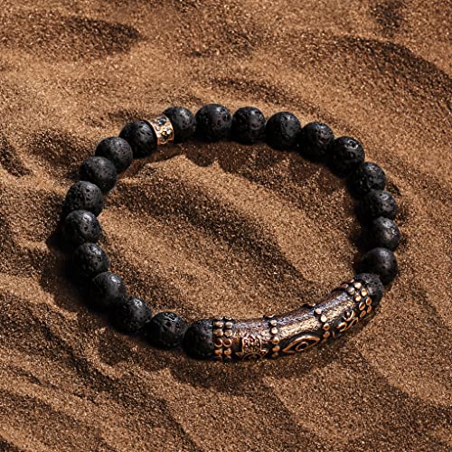 KARMA AND LUCK - Enduring Strength - Triple Protection Genuine Lava Stone 925 Sterling Silver - Black Gold Plated Bracelet for Men. Ready Gift for Him. Stretch: 7.5" stretch.