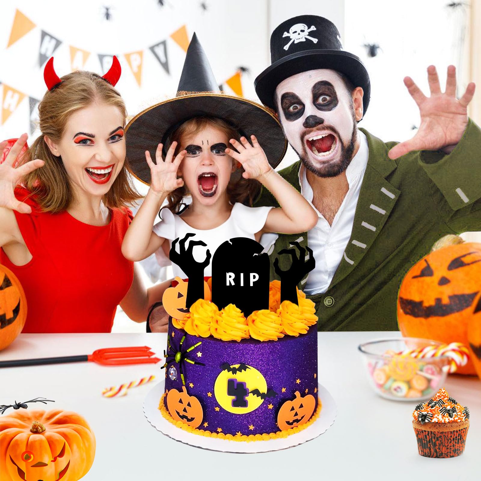 Halloween Cake Toppers Horror RIP Tombstone 3pcs Classic Black Ghost Hand Cake Toppers Halloween Cake For Creepy Theme DIY Birthday Wizard Spider Ghost Party Cake