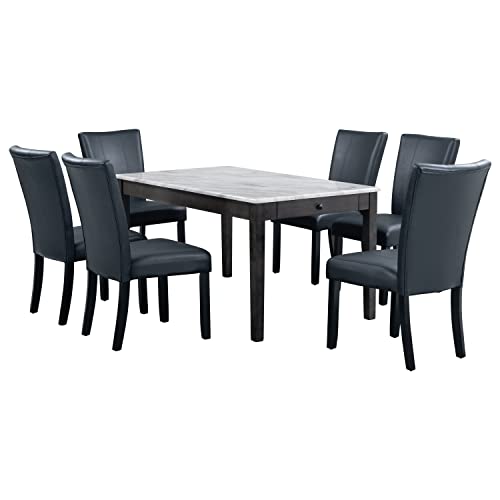YUNLife 7-Piece Kitchen Dining 6, Faux Marble Rectangular Table with PU-Leather Chairs & 2 Drawers for Living Room, Breakfast Nook, Dinette Furniture Sets, Black59.7βx34.5βx30β