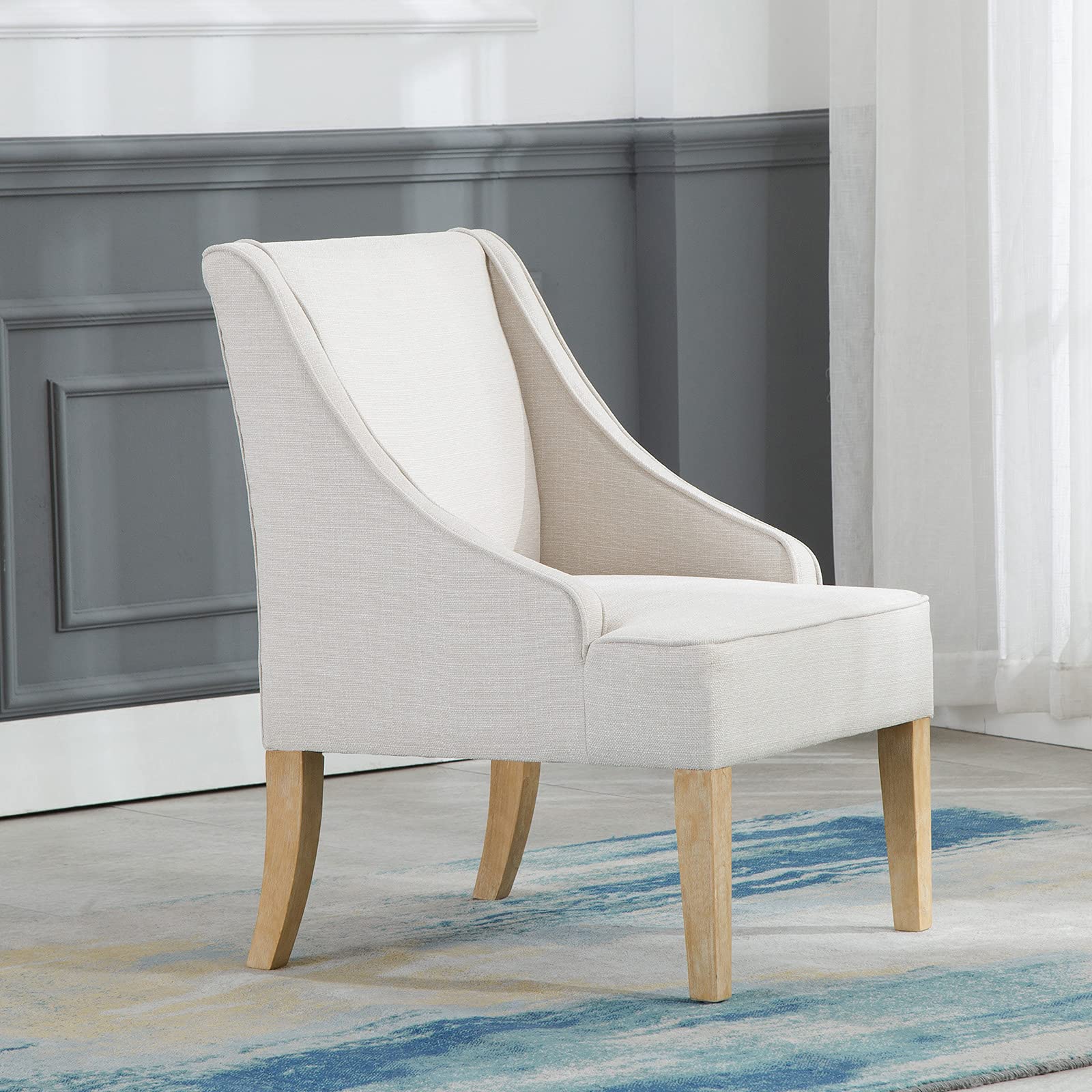 Guyou Mid-Century Accent Living Room Chair Fabric Wingback Chair, Solid Wood Upholstered Armchairs for Bedroom/Vanity/Conference Room (Beige)
