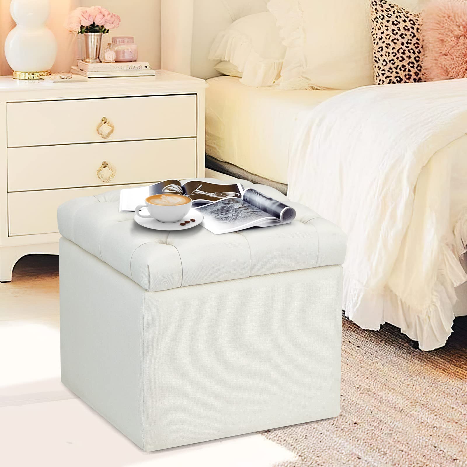 JOMEED 17 Inches Storage Ottoman Cube Set of 2, Linen Fabric Ottoman with Storage for Bedroom, Living Room, Dorm, Button Tufted, No Assembly Required(Beige-2)