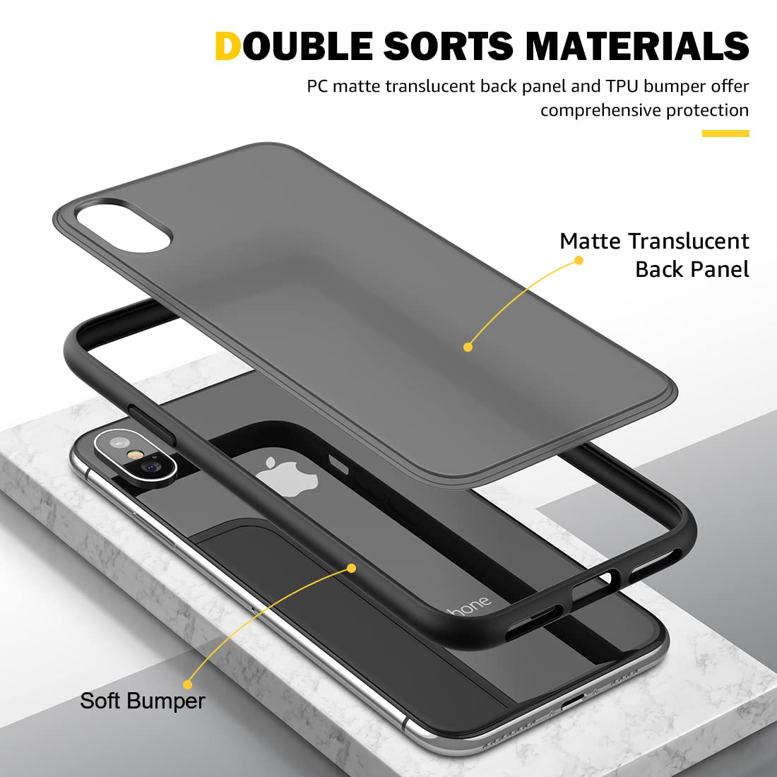 Humixx Shockproof Series for iPhone Xs Max Case Cover [ Military Grade Drop Tested ] [Upgraded Nano Materials] Translucent Matte Case with Soft Edges, Slim Fit and Anti-Drop Protection Case - Black