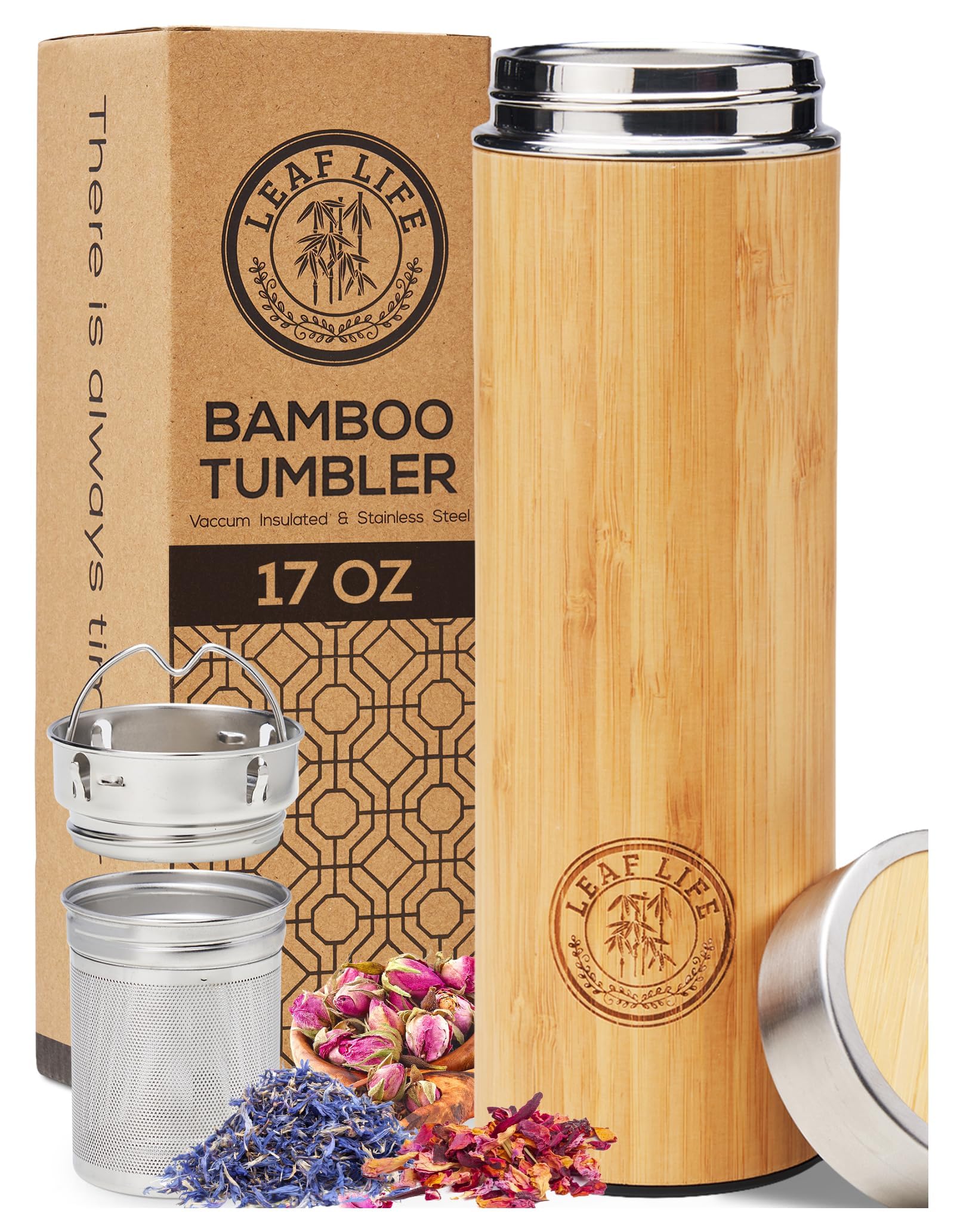 LeafLife Premium Bamboo Thermos with Tea Infusers for Loose Tea 17oz - Hot & Cold for 12 Hrs - Tea Accessories - Long Handled Tea Strainers - Unique Gifts for Women, Tea Gift Set for Women