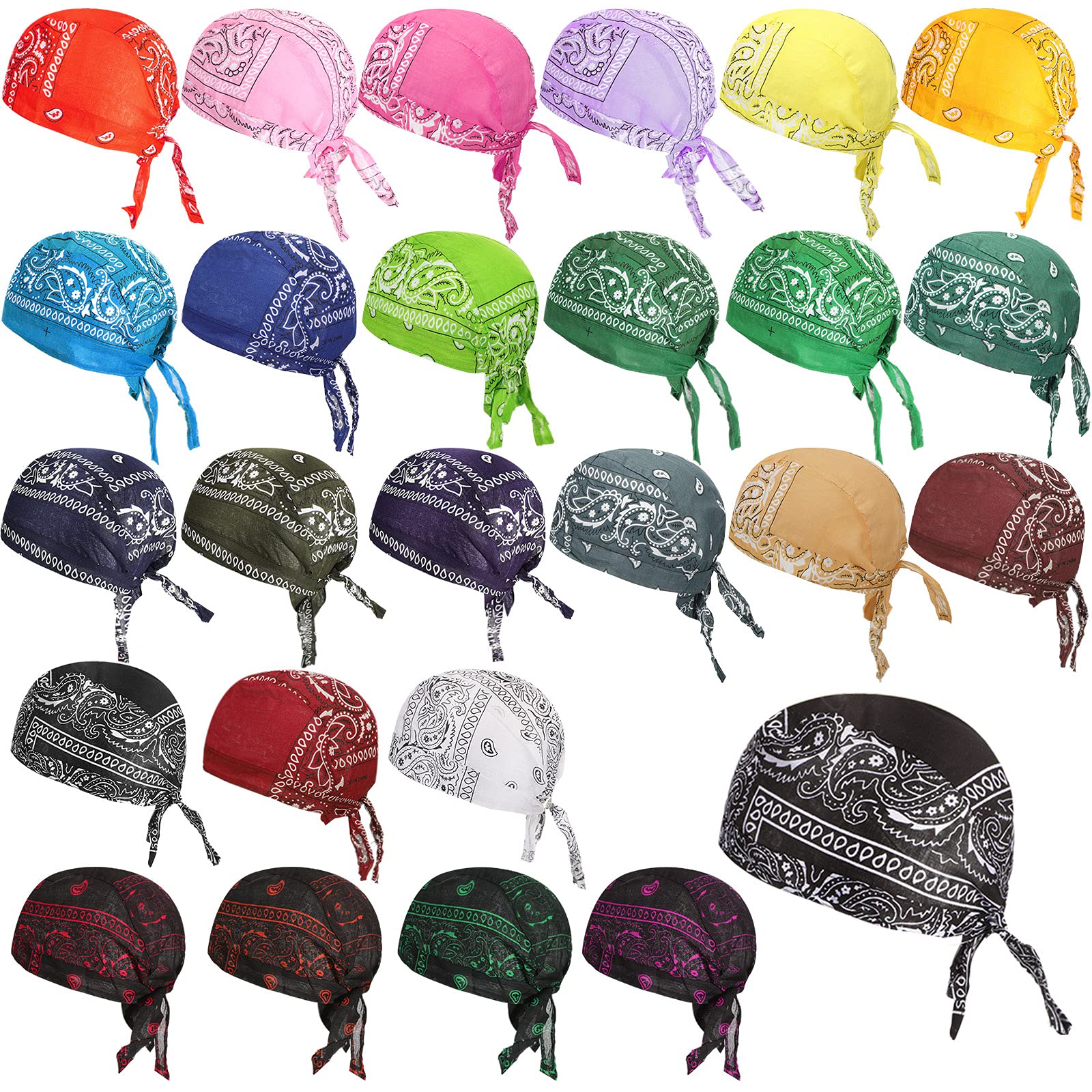 Huukeay 24 Pieces Do Rag Skull Caps Sweat-Wicking Beanie Cap Biker Skull Cap Paisley Bandana Cap Head Tie Cycling Cap Helmet Liner Skull Hat Quick-Drying Pirate Hats for Men Women, 24 Colors
