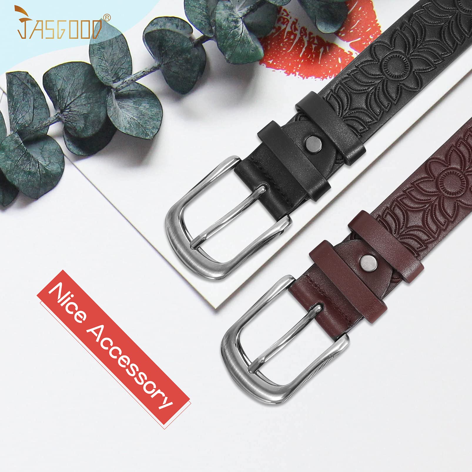 JASGOOD Hollow Leather Belt for Women, Wide Leather Belt for Jeans Pants with Pin Buckle