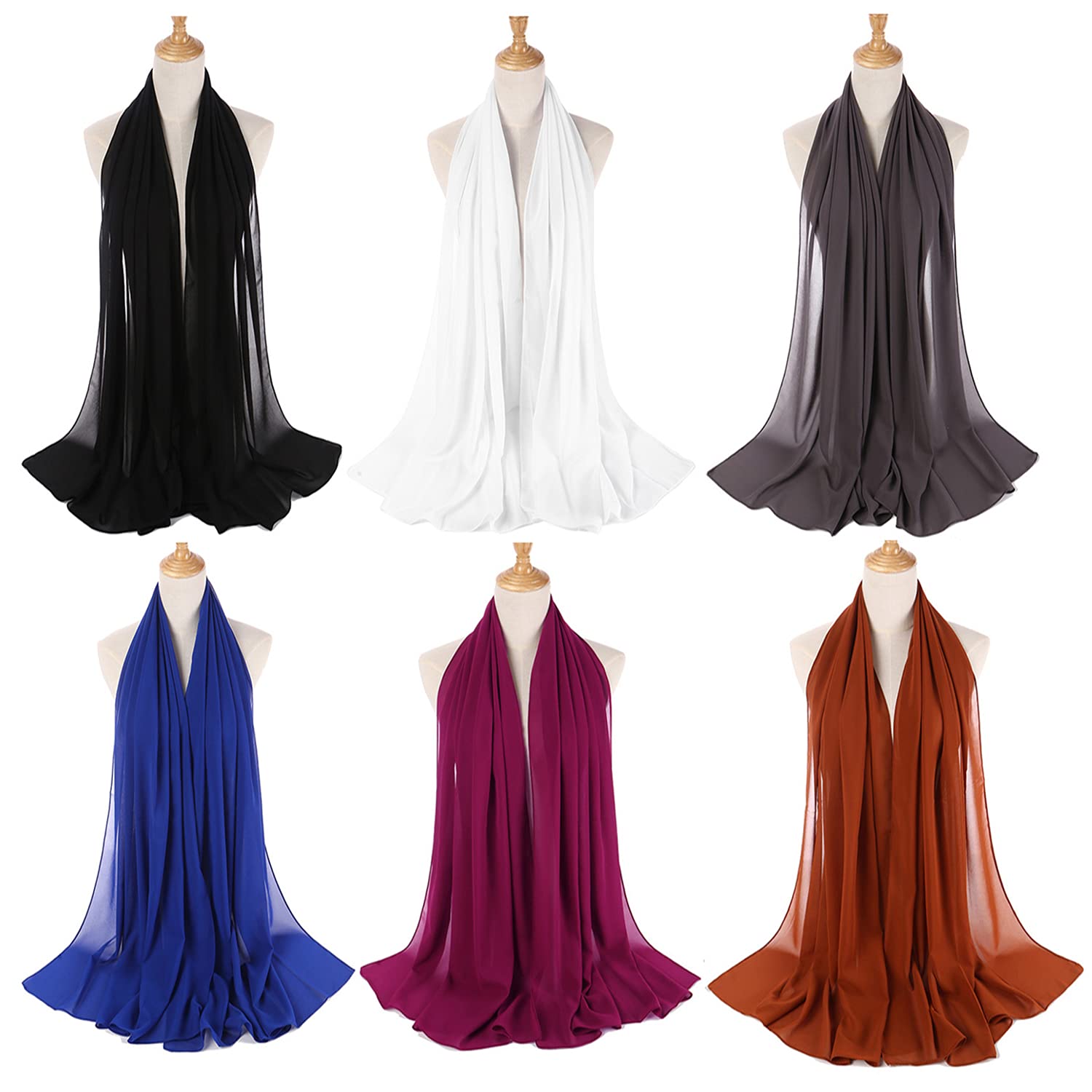 Hulless 6 Pcs Women scarf Soft Chiffon shawl Travel Sunscreen Wrap Scarf Multicolor A