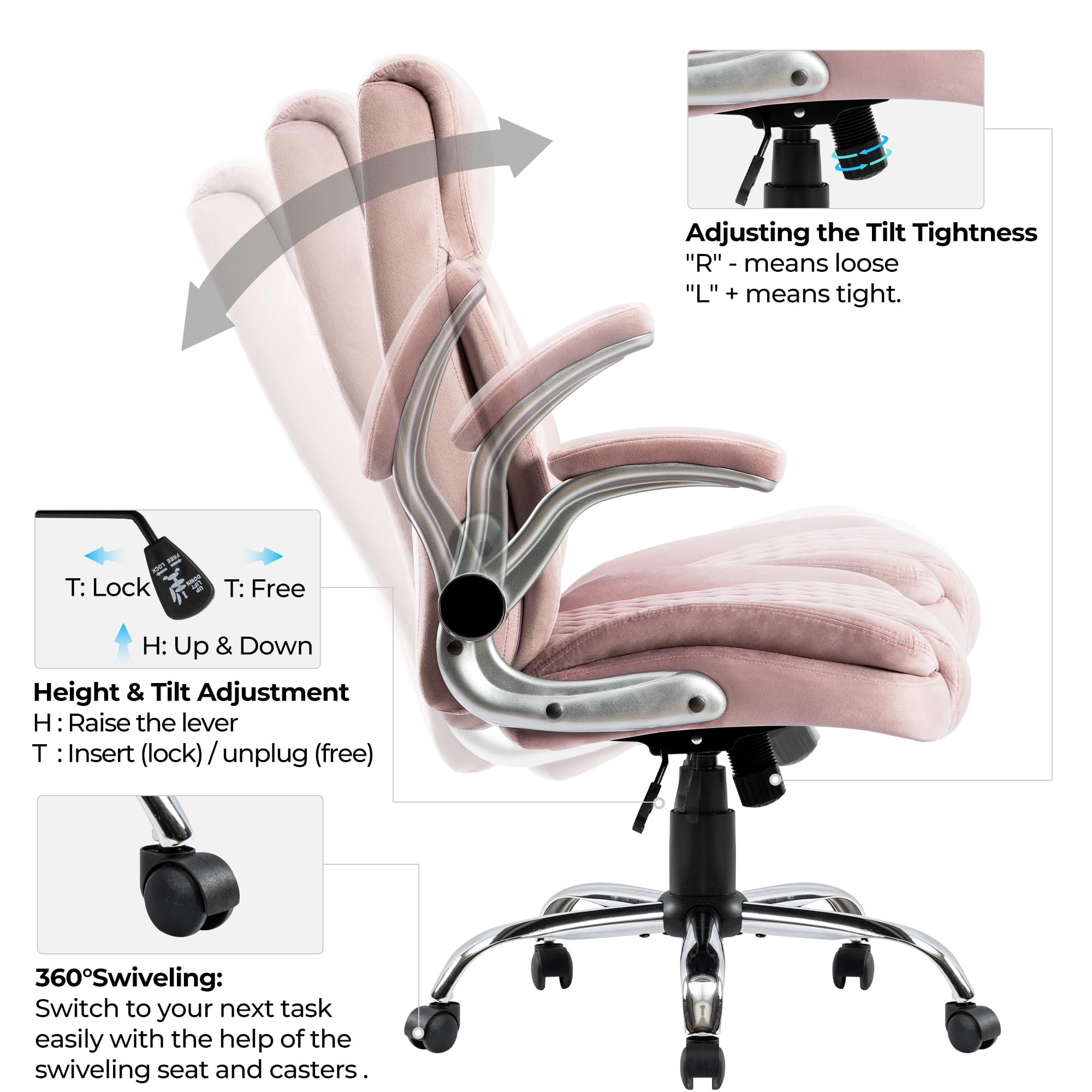 HOMYEDAMIC Velvet Ergonomic Office Chair, Adjustable Arms Wide Managerial Executive Home Desk Computer Chair Big and Tall with High Back Lumbar Support Wheels Comfortable (7013-Pink)