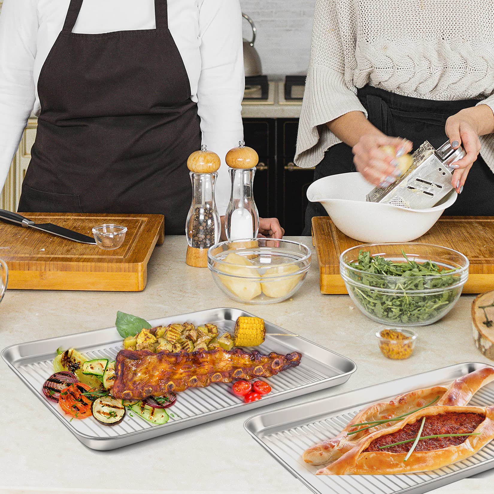 Large Baking Sheet Pan Set of 2 for Oven, P&P CHEF Stainless Steel Cookie Sheets Trays Bakeware, Rectangle 16 x 12 x 1 Inch, Corrugated Bottom & Mirror Finished Surface, Dishwasher Safe