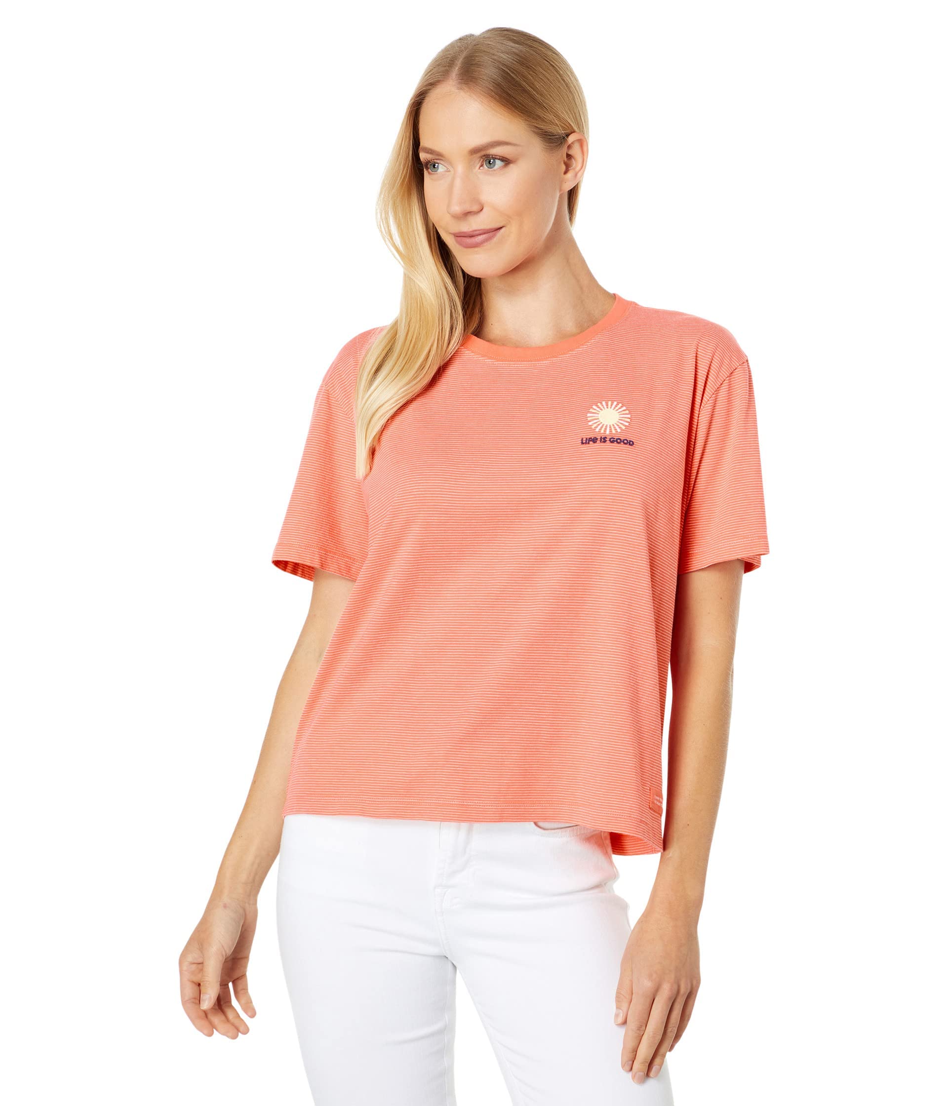 Life is Good Women's Sunburst Crusher-Lite SS Striped Boxy Tee, Mango Orange, X-Large