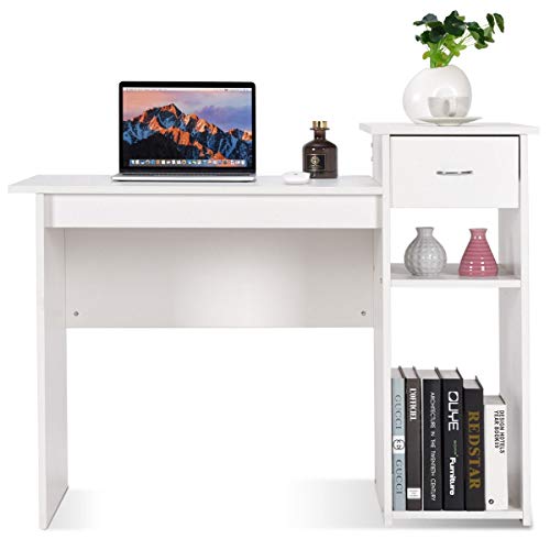 Home Office Bedroom Dorm Living Room Classic Furniture Decor Computer Writing Table Laptop CPU Multifunction Desk with Shelf and Drawer Sturdy White Wood Large Capacity Storage Easy Assembly