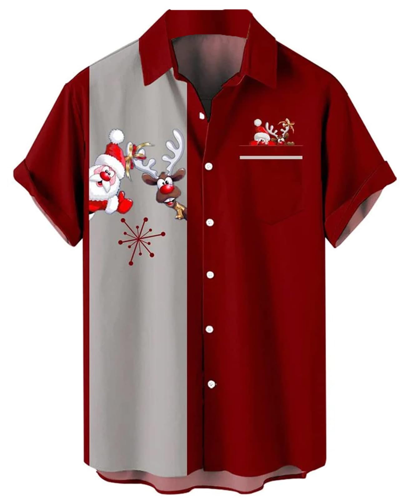 Hodaweisolp Mens Halloween Christmas Shirts Funky Santa Button Down Shirt Printed Short Sleeve Bowling Shirts Wine Santa Elk-XXL