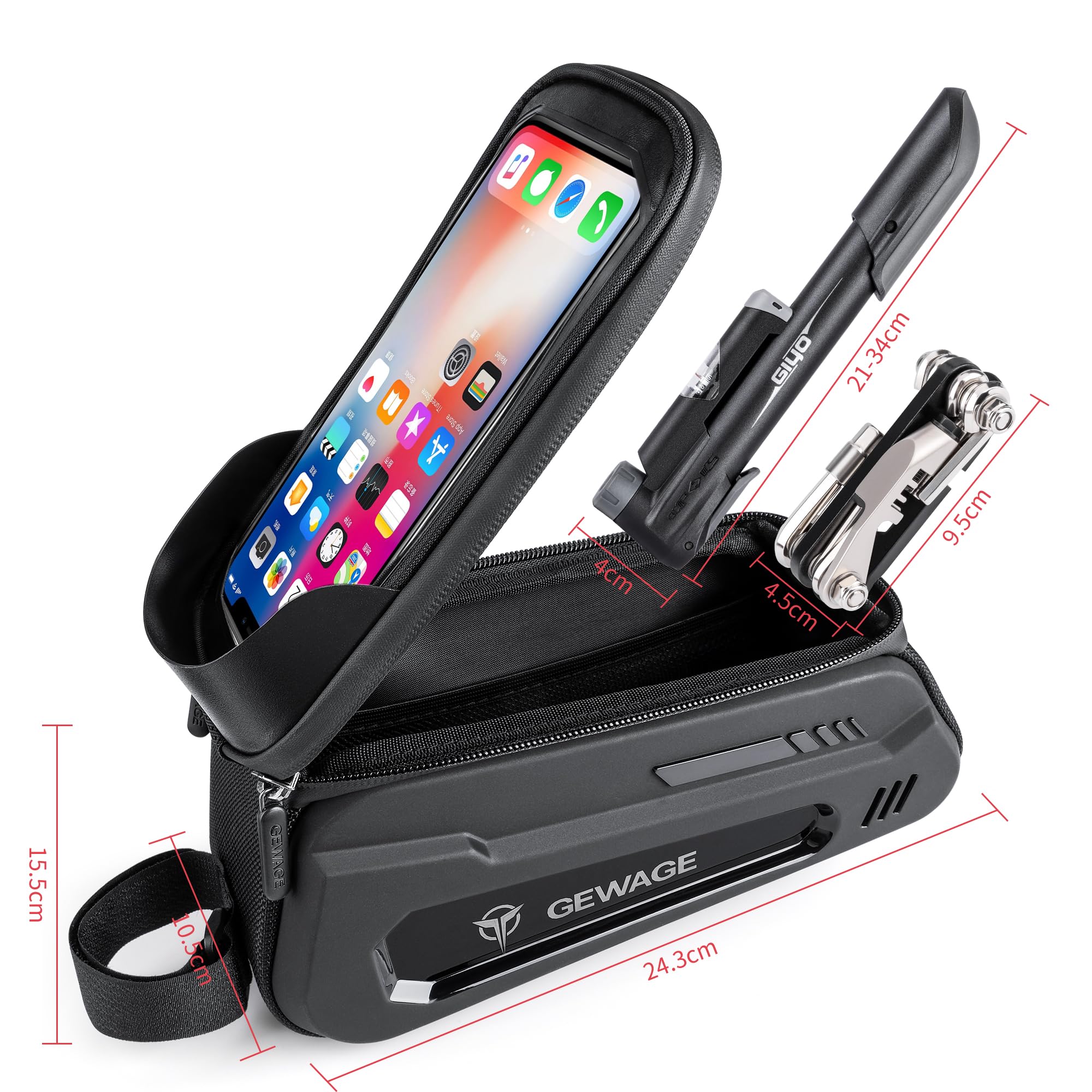 GEWAGE Bicycle Phone Mount Bag & Bicycle Tire Pump, Bike Multitool with Tyre Lever - Bike Tool Kits for Repair and Maintenance at Home or On The Road
