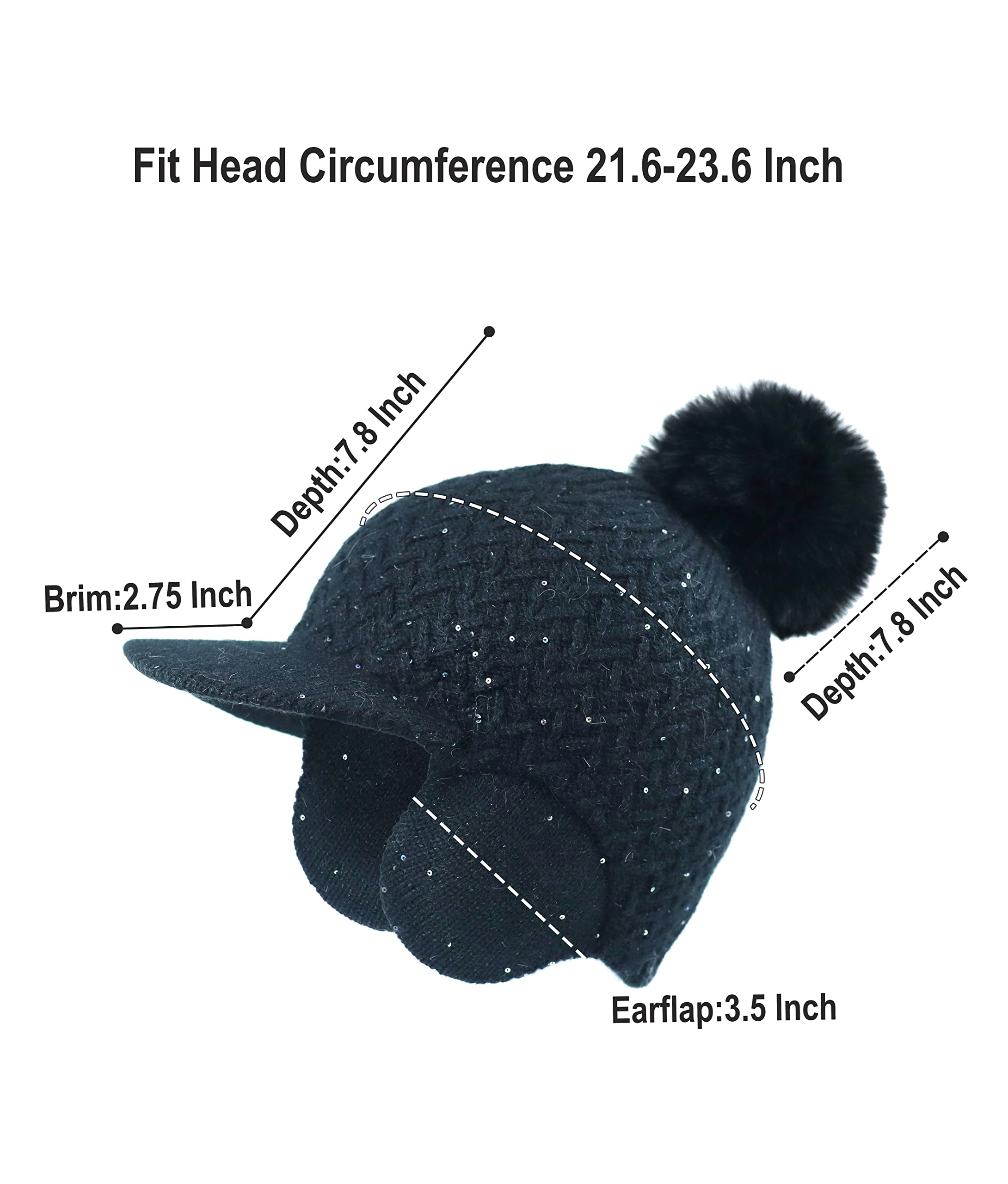 Koreshion Women Winter Beanie Hat with Faux Fur Pom Warm Earflap Sequins Knit Hat with Brim Black