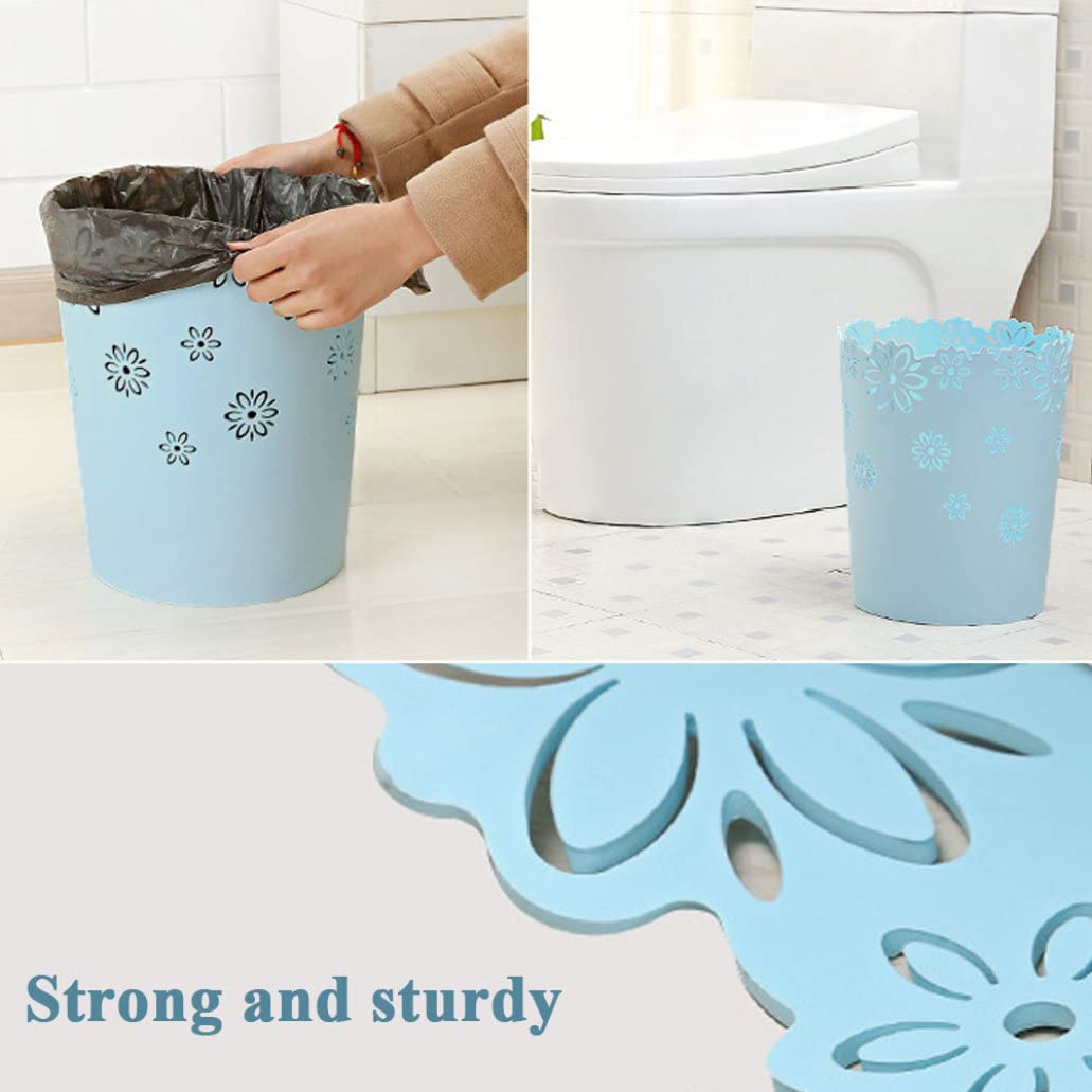 Plastic Trash Can Hollow Flower Wastepaper Basket Round Lidless Garbage Container Bin Blue Paper Basket