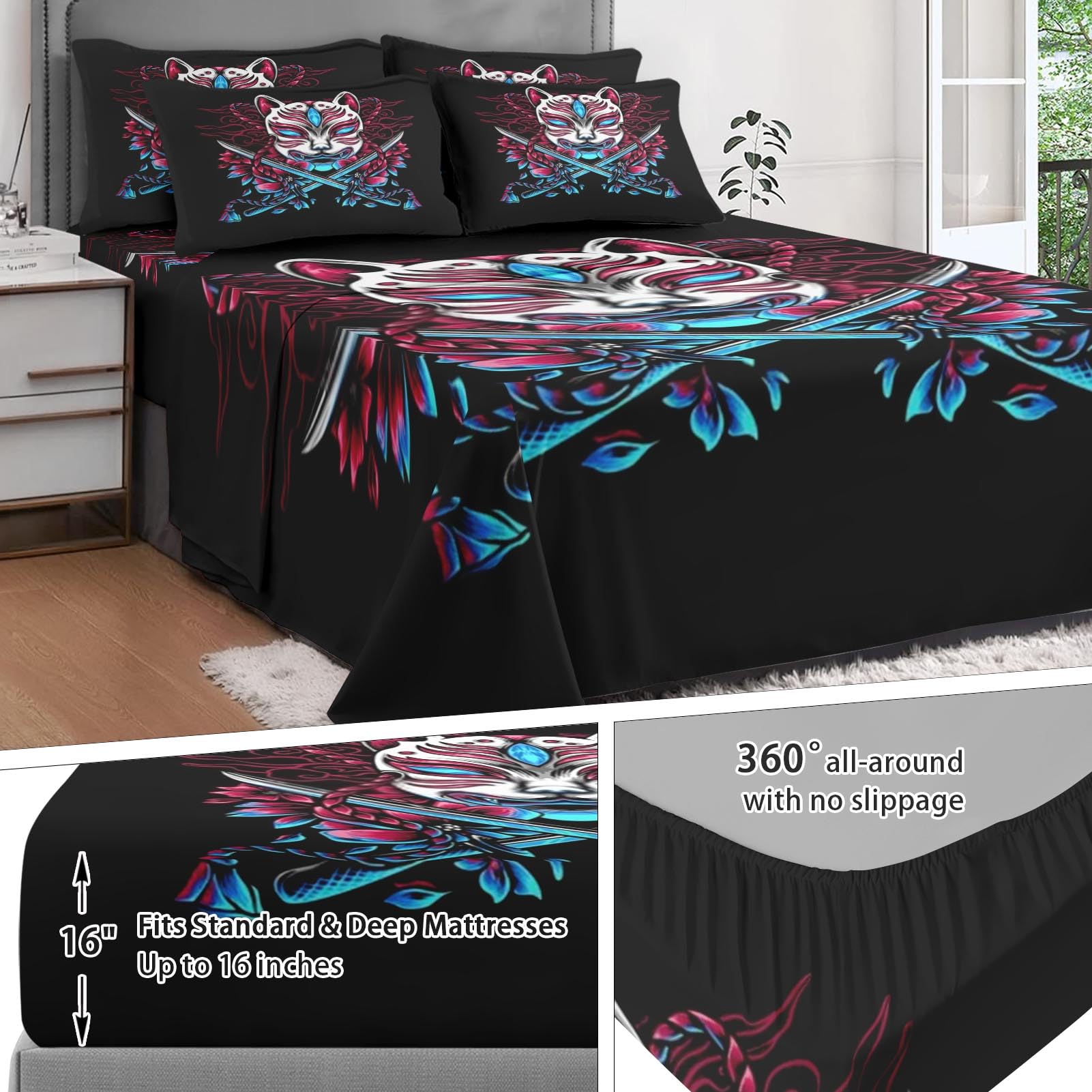 Pinbeam 7 Pcs Comforter Set Queen Size, Japanese Anime Fox Bed in a Bag with Flat Sheet and Fitted Sheet for Kids and Adults, Asian Animal Bedding Set with Pillowcase & Sham