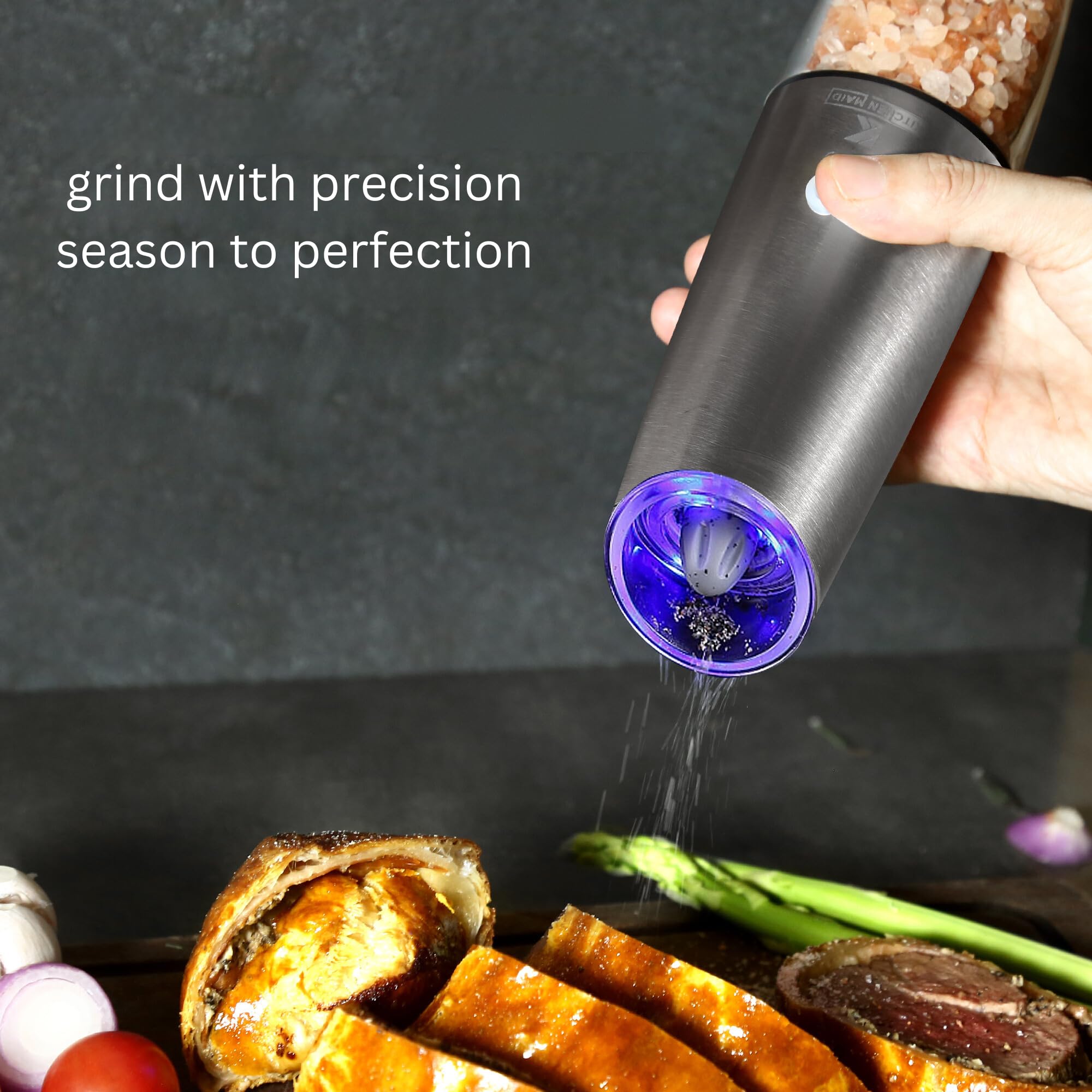 Kitchen Maid Gravity Electric Salt and Pepper Grinder Set Rechargeable, Adjustable Automatic Electric Salt and Pepper Shakers, Stainless Electric Salt Pepper Grinder Mill Rechargeable USB-C