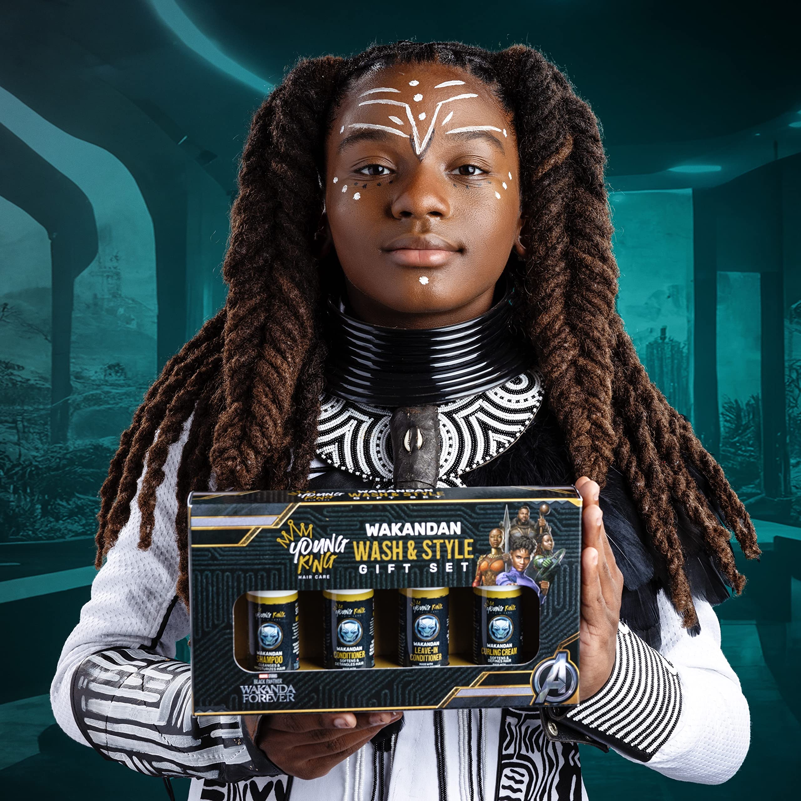 Marvel Black Panther: Wakanda Forever Young King Hair Care Wakandan Wash & Style Gift Set | Shampoo, Conditioner, Leave-In Conditioner, Curling Cream
