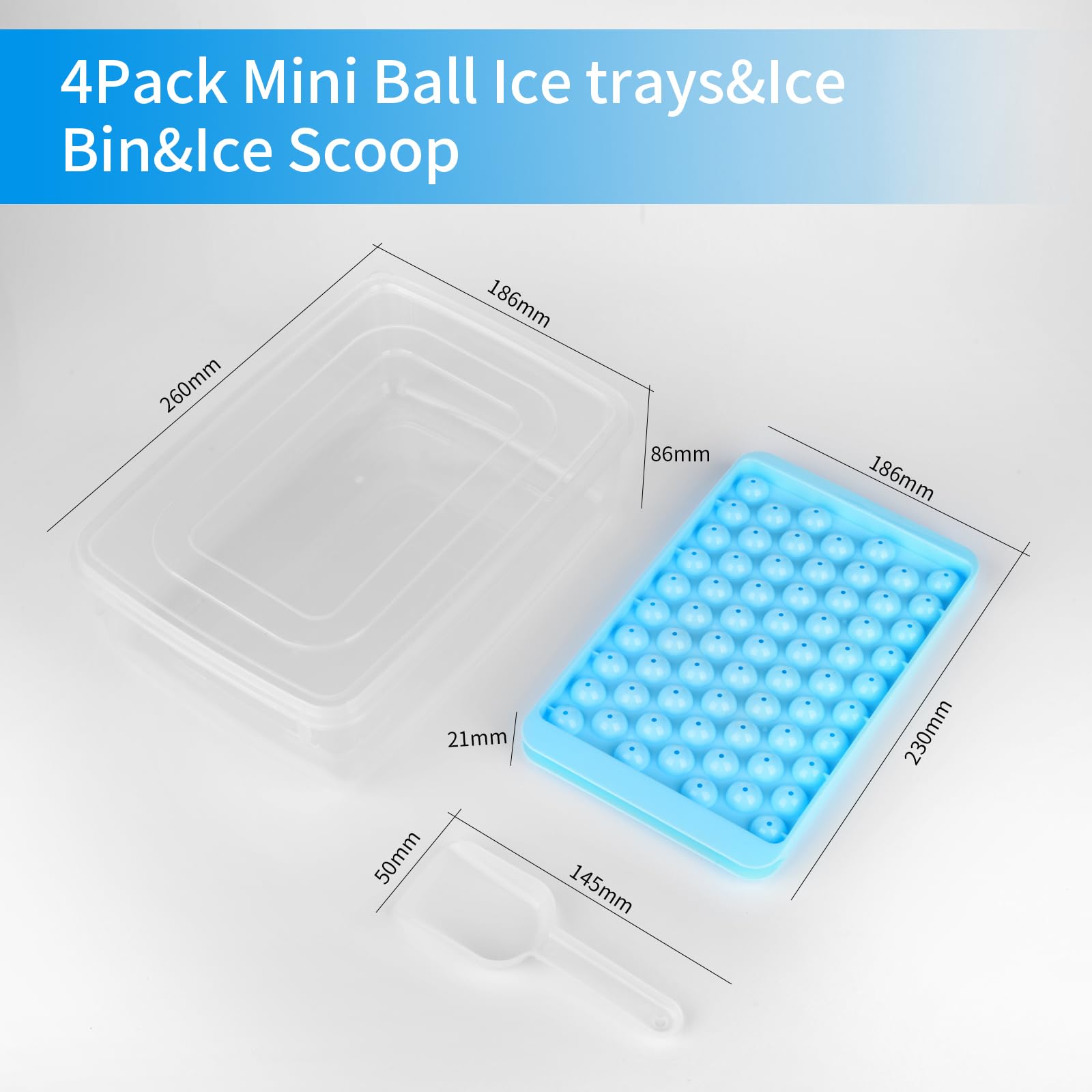 MiNi ice cube tray for freezer with Lid and Bin, 0.7inch Round ice trays 4 Packs 268PCS Tiny Ice Cube Tray Crushed ice tray for Chilling Drinks Coffee Juice (Blue)