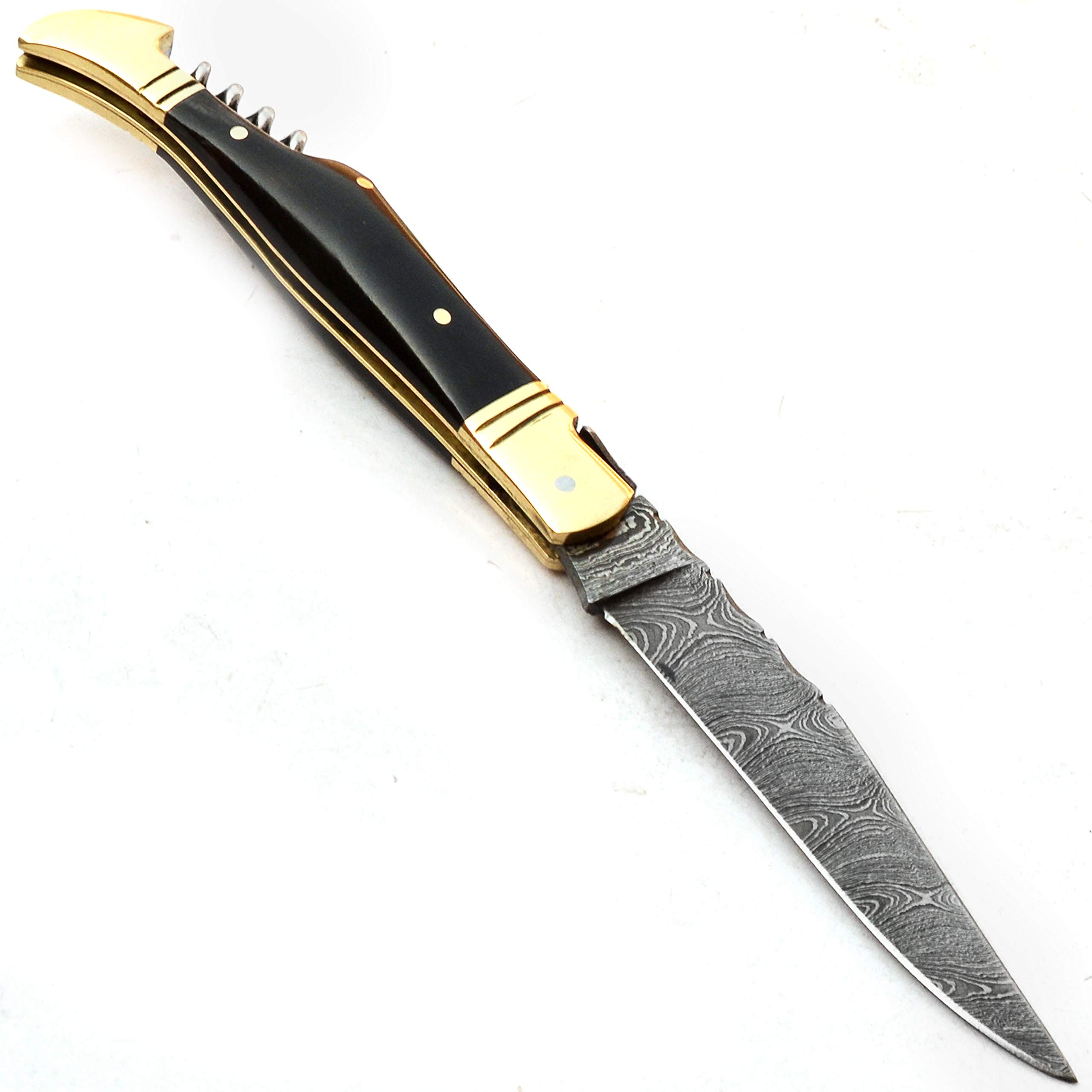 Handmade Damascus Steel Folding Pocket - Knife With Leather Sheath - Hunting - Camping - Fishing - Outdoors (9800)