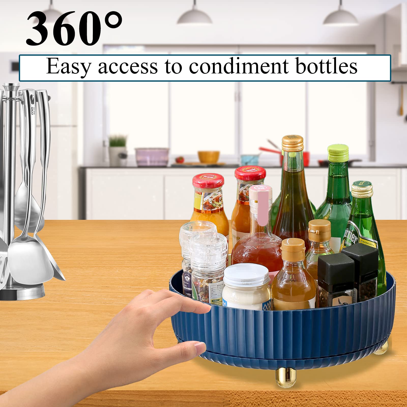 KEJONE 11" Blue Lazy Susan, 2.4" Striped Fence Rotating Storage Rack, Turntable for Cabinet, 360 Rotating Makeup Organizer, Bathroom Turntable Organizer, Perfume Tray with Gold Plated 4 Legs