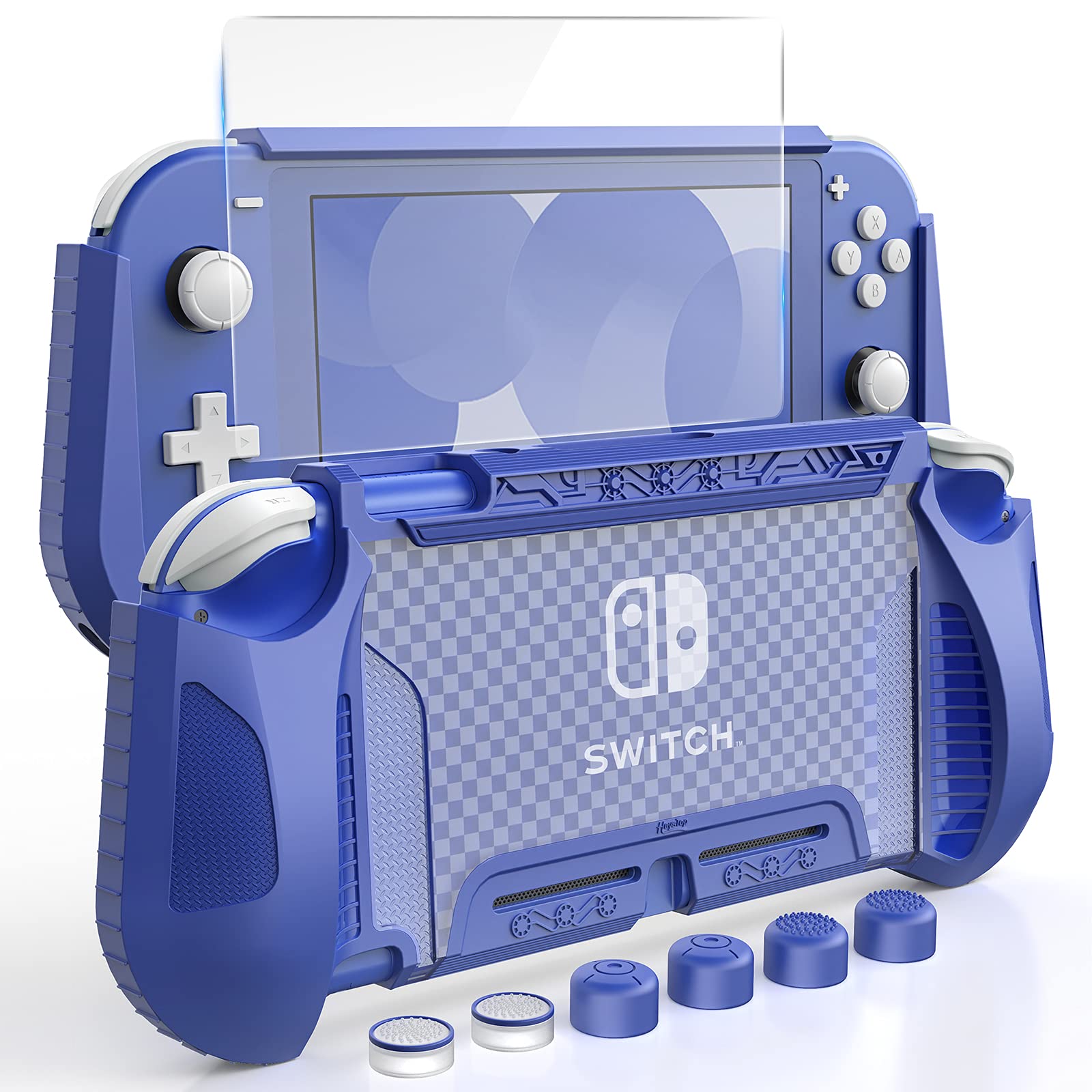 HEYSTOP Switch Lite Protective Case with Screen Protector and 6 Thumb Grips, Ergonomic Grip Case for Nintendo Switch Lite, Anti-Scratch/Anti-Dust/Shockproof (Blue)