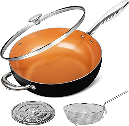 Michelangelo 5 Quart Nonstick Wok Set with Lid, Deep Frying Basket, and Roasting Steaming Rack, Aluminum, Includes All Stovetops Compatible, Non Stick