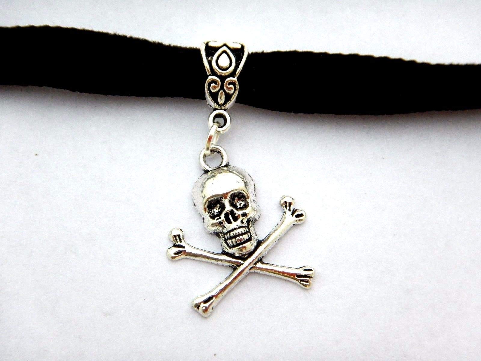 Handmade Silvertone Jolly Roger Skull Charm Pendant on Black Velvet Choker Necklace
