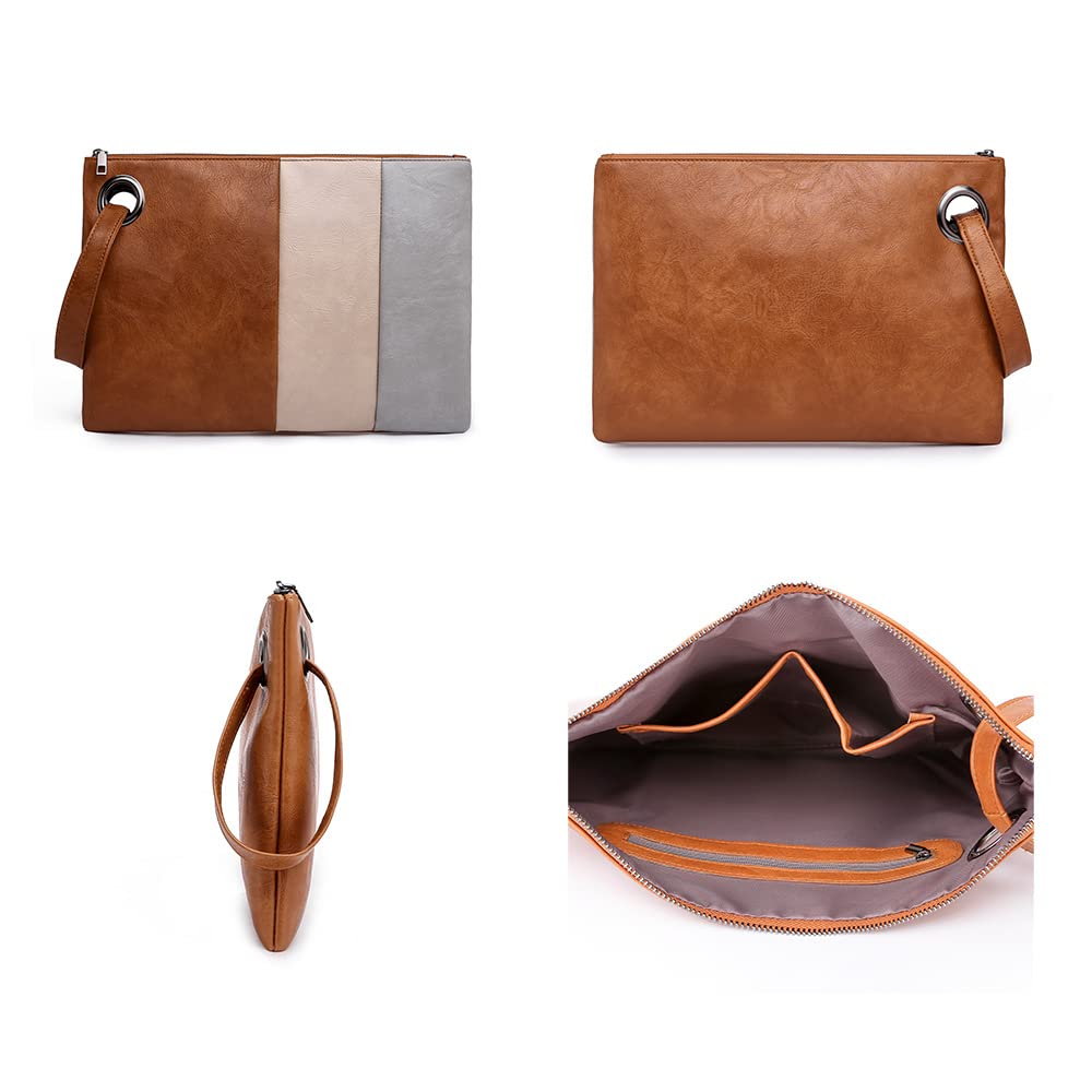 KlaOYer Large Colorblock Soft Pu Leather Wristlet Clutch Bag For Women Designer Large Wallet Evening Purse with Round handle (Brown-White-Grey)