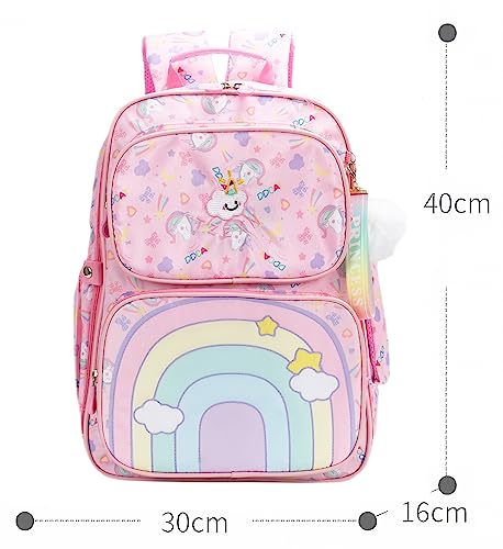 Uamdrup 16inch Pink Rainbow Backpack, Cute Unicorn Waterproof Durable BookBag Lightweight Causal Daypack For Travel Outdoor