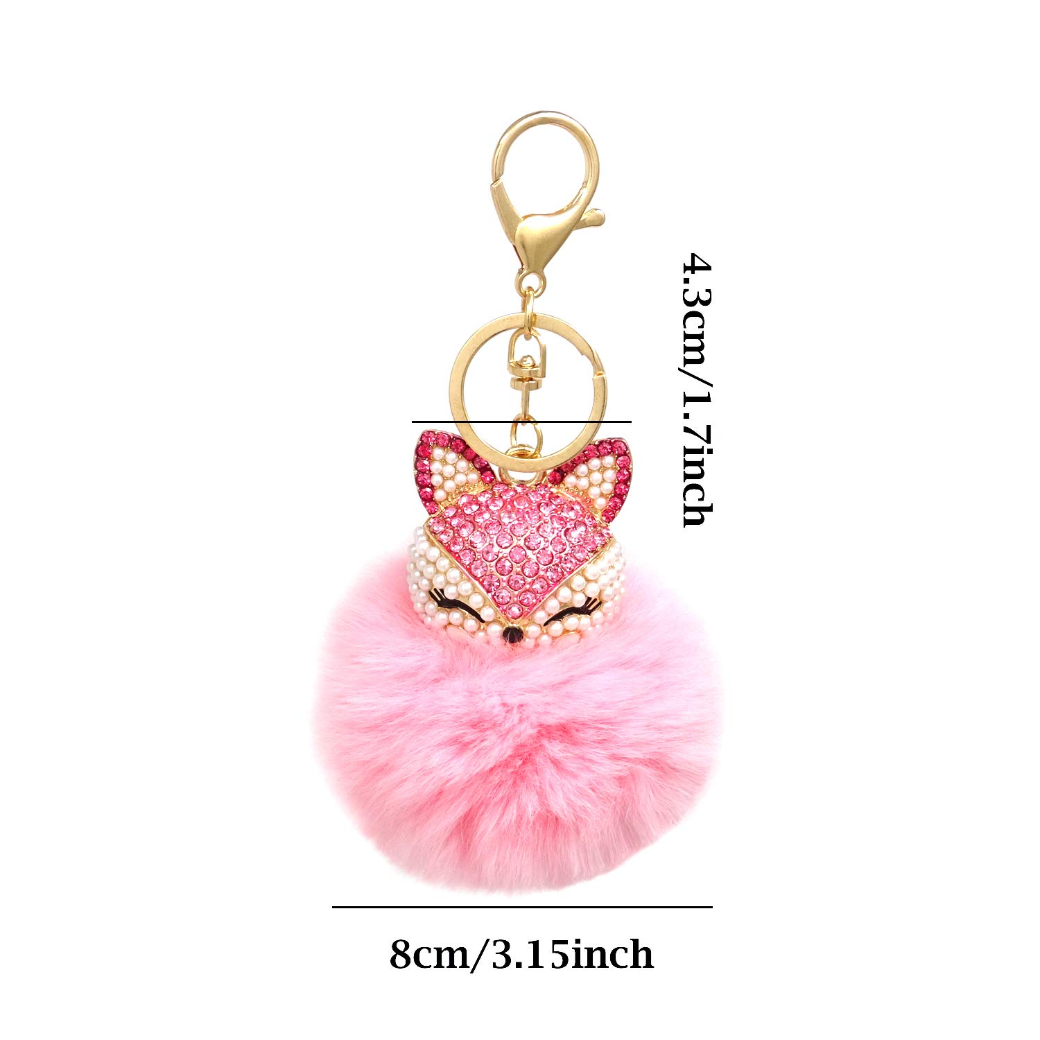 Honbay Faux Rabbit Fur Fluffy Keychain Fashion Fox Head Alloy Keychain Sparkly Rhinestone Handbag Backpack Car Keychain (Pink)