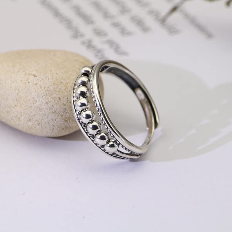 LETINE 2Pcs Fidget Rings with Beads Spinner Rings for Anxiety, Unisex Adjustable Stacking Spinning Worry Ring Size 6-10 (Silver)