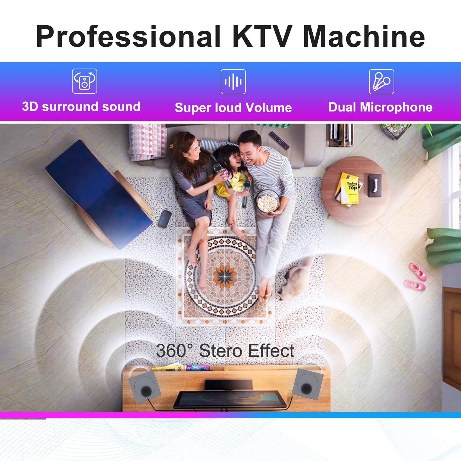 Karaoke Machine for Adults Kids, Vamvo Portable Bluetooth Karaoke Speaker with 2 Wireless Microphones PA Speaker System for Family Party Singing