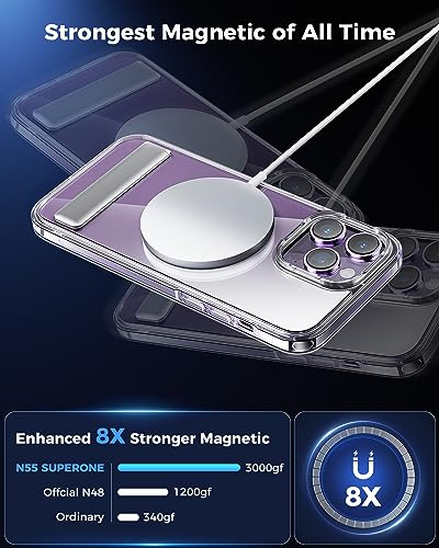 SUPERONE Crystal Clear Mag Safe Case for iPhone 14 Pro Max with Stand, [Magnetic Strength Enhanced] [Anti-Yellowing] [Military Grade Protection] Shockproof Slim Phone Case 6.7 inch