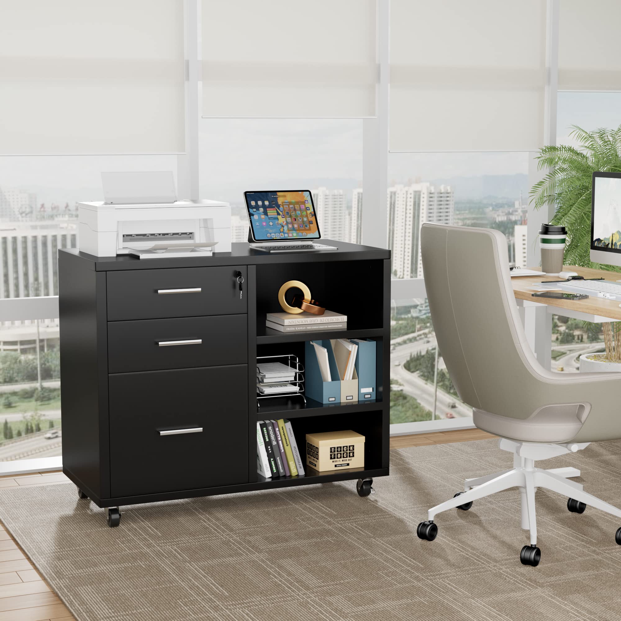 Kemon 3 Drawer Wood File Cabinet Mobile Lateral Filing Cabinet with Lock Printer Stand with Open Adjustable Storage Shelves for Home Office Organization Hanging Letter/Legal/F4/A4(Black)