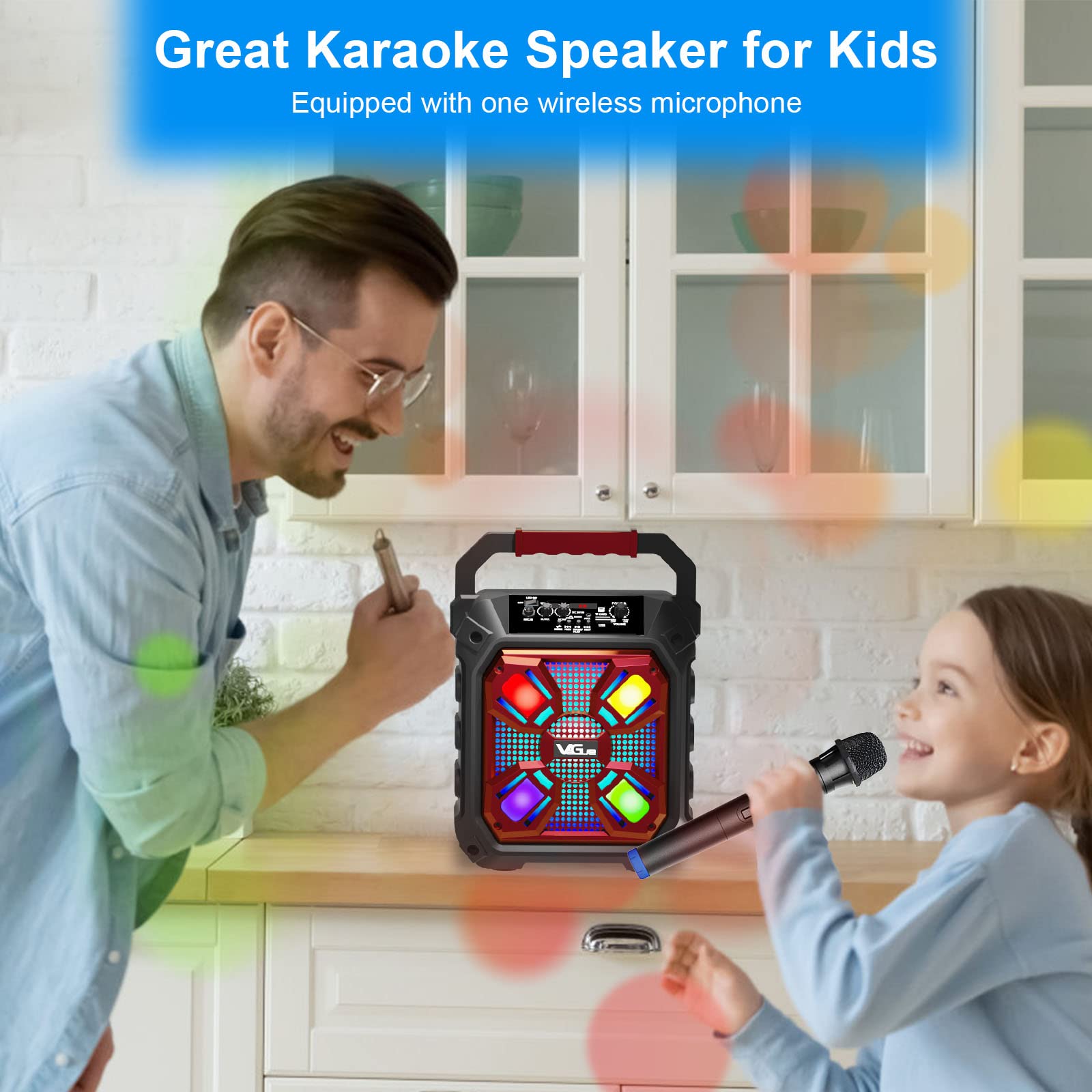 Karaoke Machine for Kids, VeGue Portable Bluetooth Speaker PA System with Wireless Microphone, LED Lights, Remote Control, Supports Tf Card/USB/AUX Input, Ideal for Home Karaoke, Party (VS-0606)