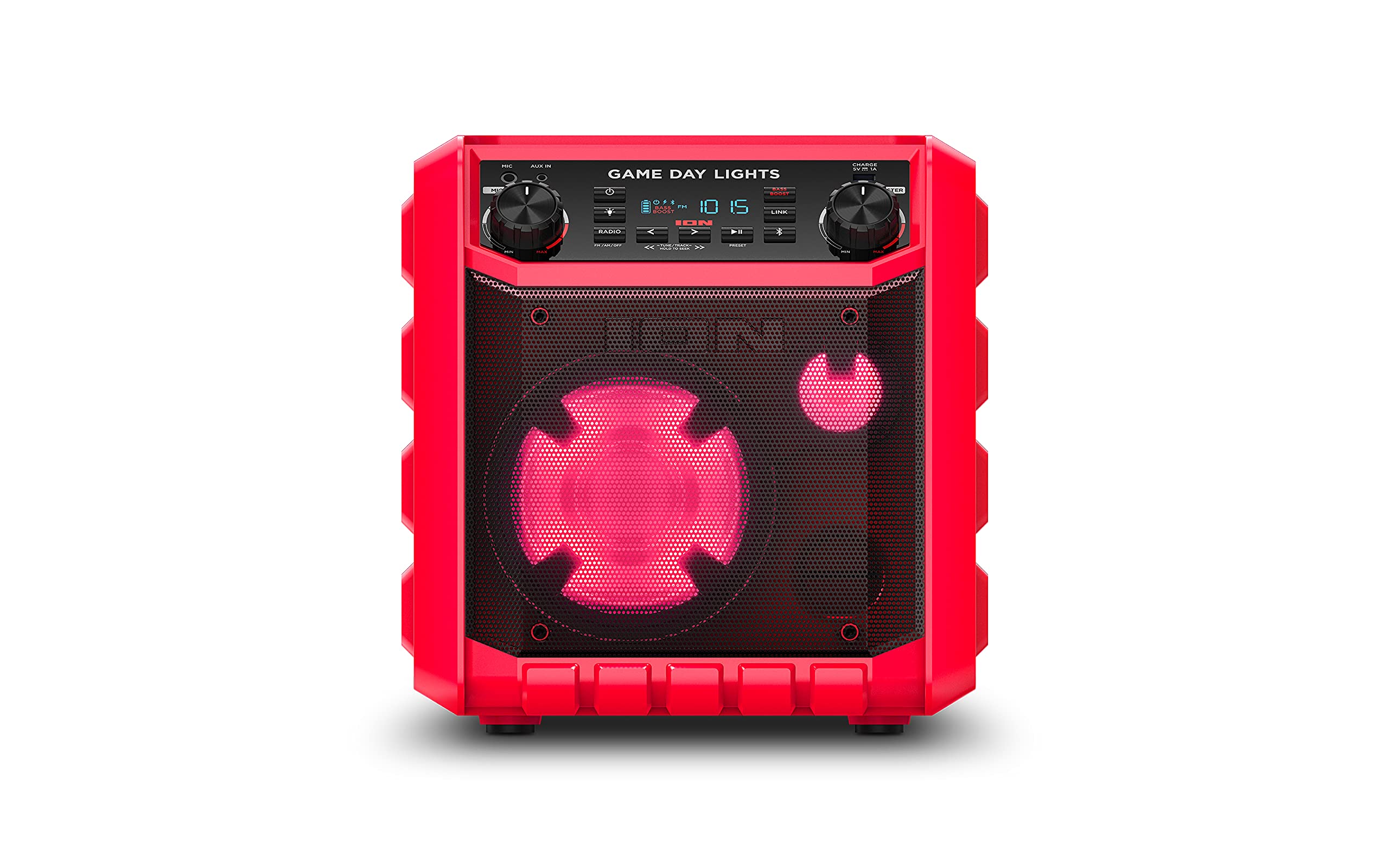 ION Game Day Lights Portable Bluetooth Party Speaker with Karaoke Microphone Lights and Radio for Birthday, Pool Party, BBQ – Powerful, 50W (Red)