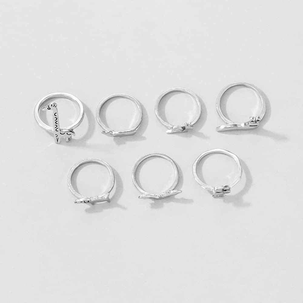 HUJUON 7Pcs Cute Animal Knuckle Rings Set,Silver Snake Snails Finger Ring,Bat Giraffe Multiple Rings,Pet Dog Stackable Midi Joint Rings for Women Girls (Silver 7Pcs)