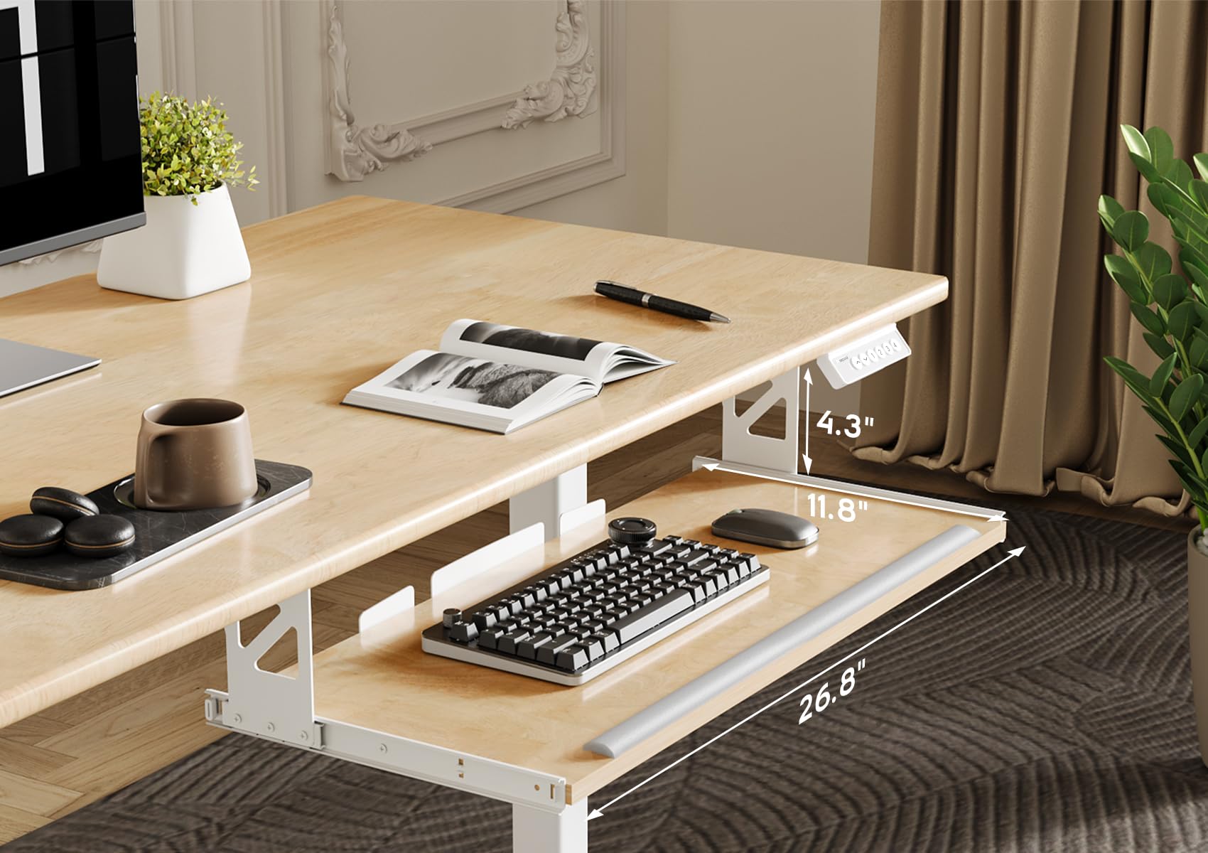 INNOVAR Electric Standing Desk, Solid Wood Adjustable Desk with Keyboard Tray, 48×24 Inch Stand up Home Office Desk with Whole-Piece Board, White Frame/Natural Top