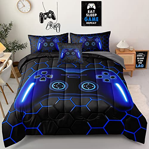 Z.Jian HOME 5 Pieces Gaming Bedding Set Twin Size for Boys Gamer Comforter Set for Boys Girls Kids Teens 5 Piece Bed in A Bag Video Game Bedding for Gamer Room Decorative Twin45