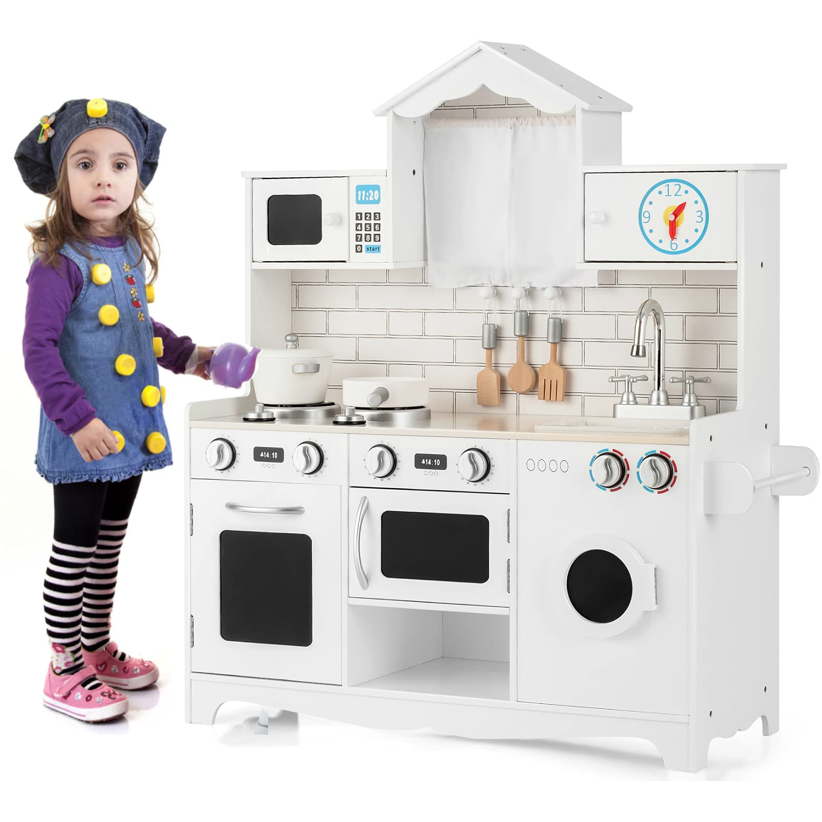 HONEY JOY Kids Kitchen Playset, 31 Inch Rooftop Wooden Play Kitchen for Toddlers, Microwave, Clock, Washing Machine, Cookware, Little Chef Pretend Play Toy Kitchen Set, Gift for Boys Girls, White