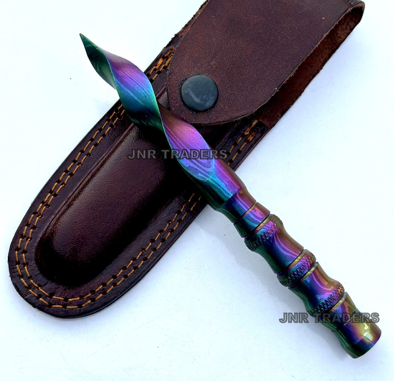 JNR Traders Handmade Full Tang Tri Edge Knife Damascus Steel Cyclone Knife 6 Inch Twist Blade Spiraling Knife with Leather Sheath 3743