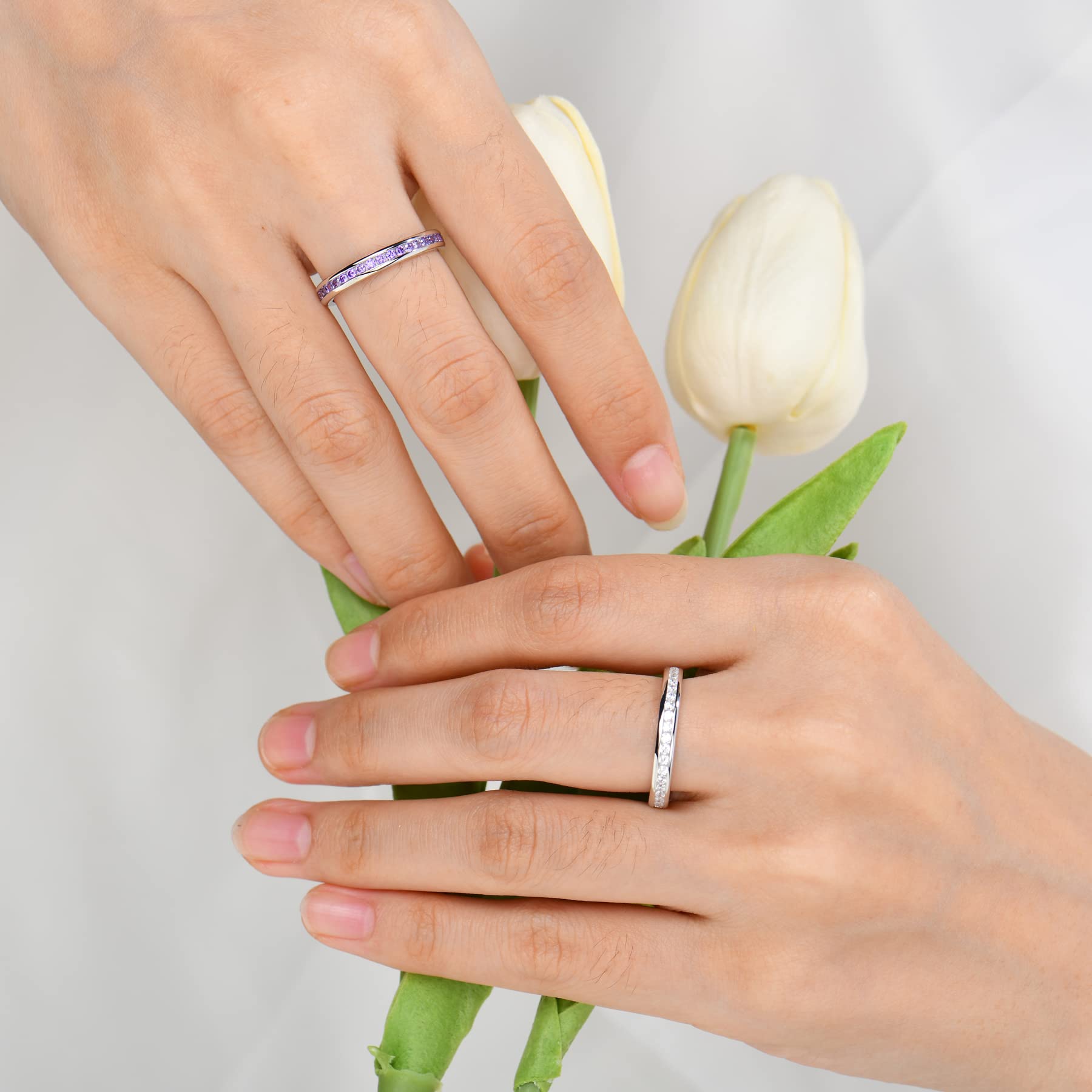 JO WISDOM 925 Sterling Silver Wedding Band Cubic Zirconia Eternity Stackable Engagement Ring Size 9,February Birthstone Amethyst Color