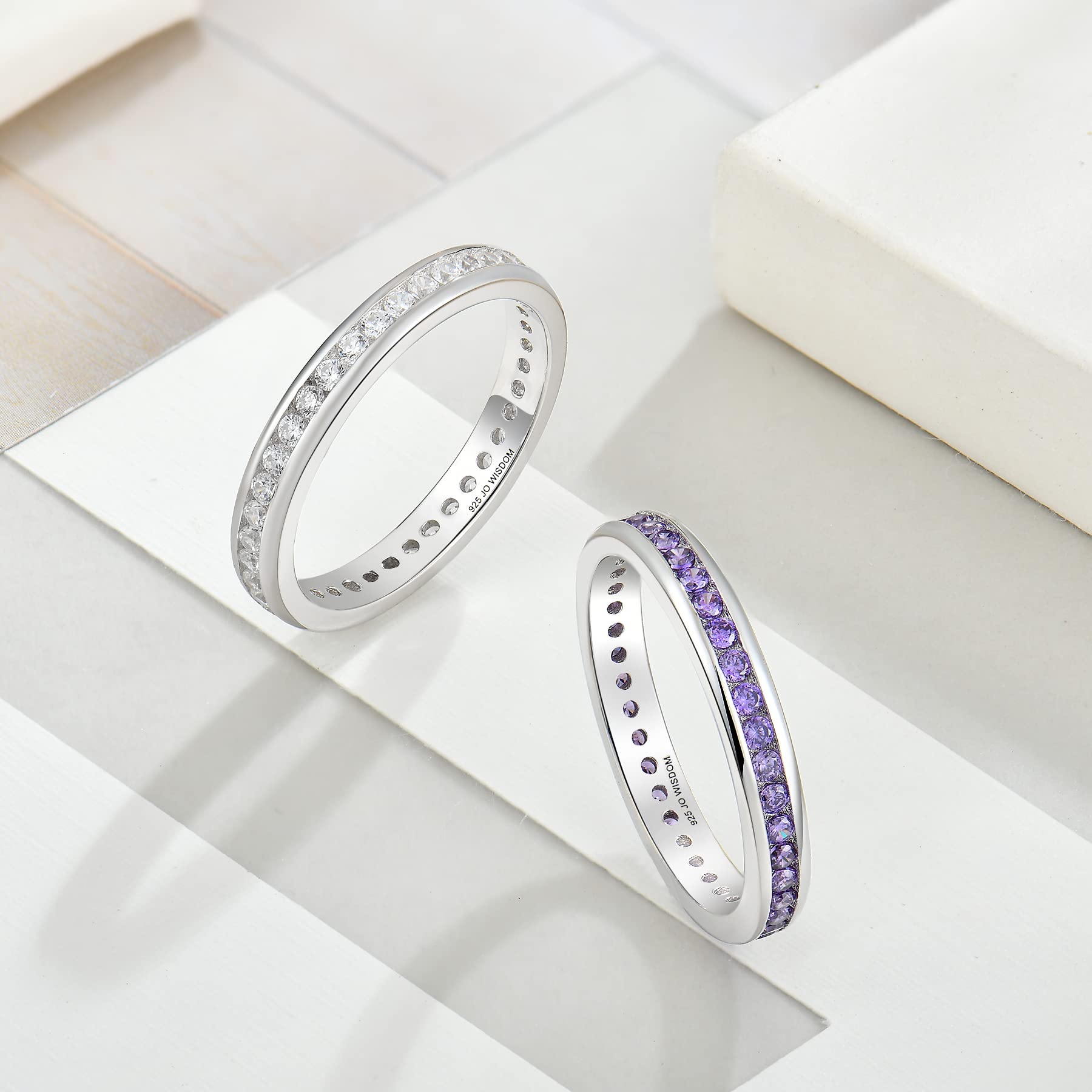 JO WISDOM 925 Sterling Silver Wedding Band Cubic Zirconia Eternity Stackable Engagement Ring Size 9,February Birthstone Amethyst Color