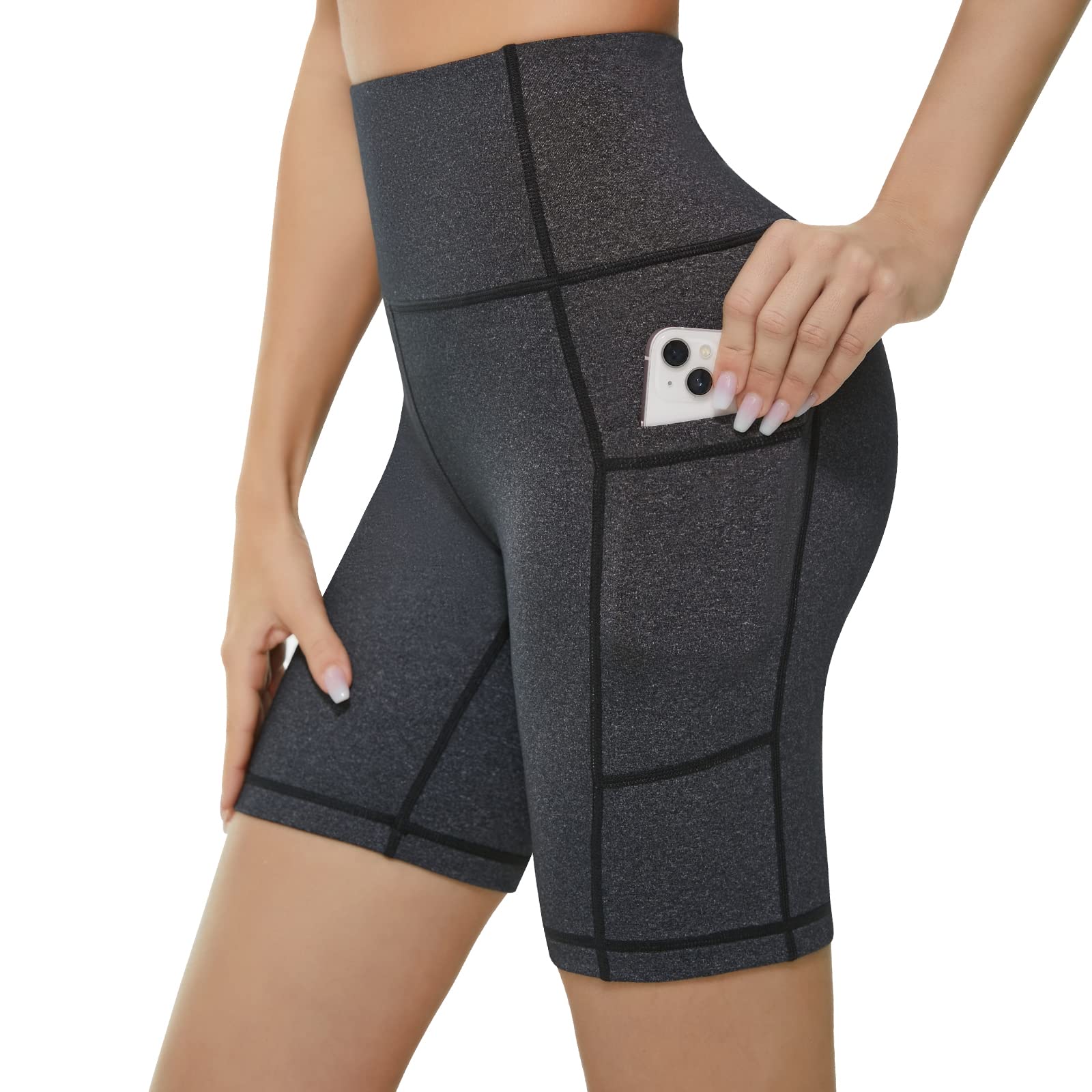 KKB Women's 8''/5'' High Waist Active Wear Shorts Yoga Leggings, Tummy Control Workout Shorts Side Pockets Running Pants (Medium, 8"-Charcoal)