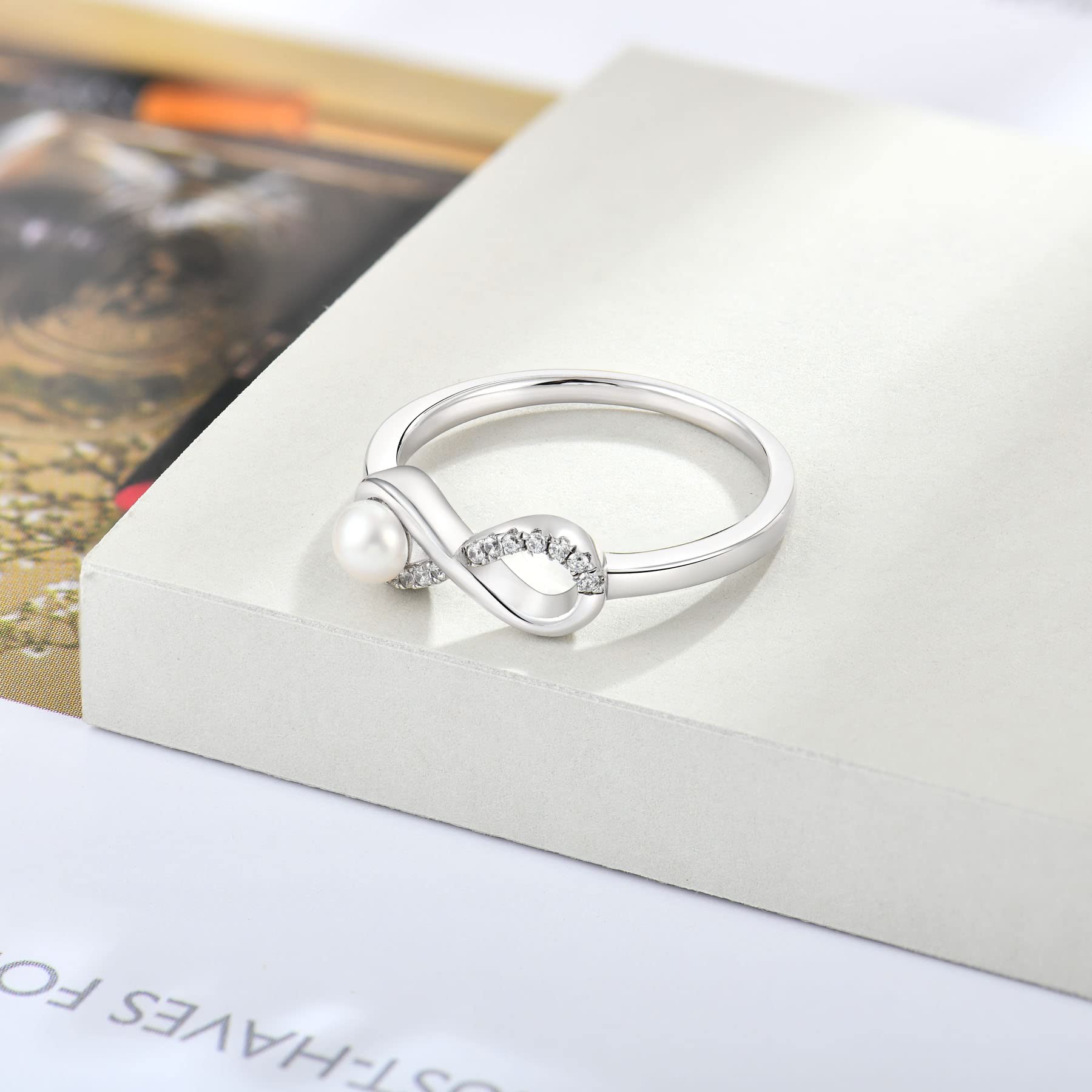 JO WISDOM Women Pearl Ring,925 Sterling Silver Cubic Zirconia Infinity Pearl Ring with 4mm Small Freshwater Cultured Pearl Ring size 6